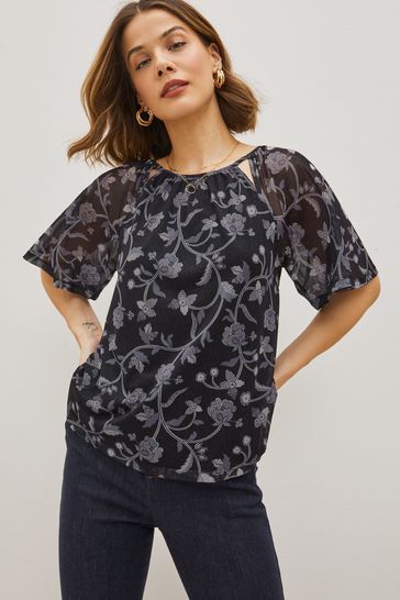 Buy Multi Floral Cut Out Detail Flutter Sleeve Mesh Top from Next Latvia