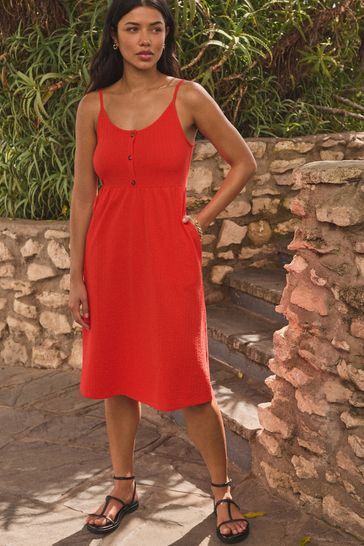 Red Button Down Cotton Cami Summer Dress