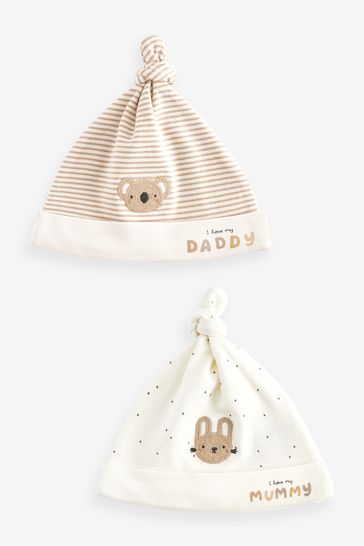 Neutral Mummy Daddy Baby Tie Top 100 Cotton Hats 2 Packs 0 6mths