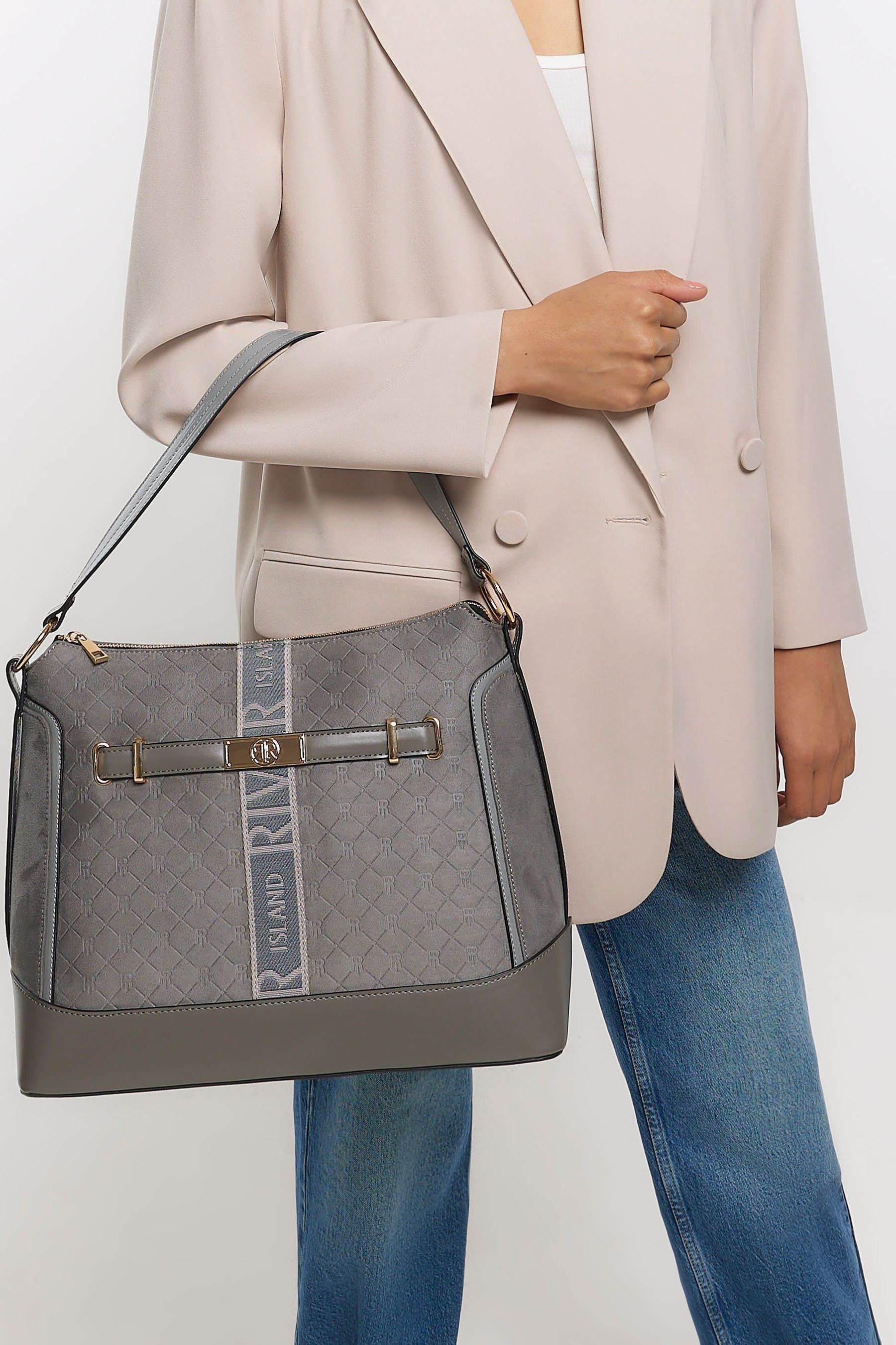 Buy River Island Grey Monogram Webbing Front Slouch Bag from the Next ...