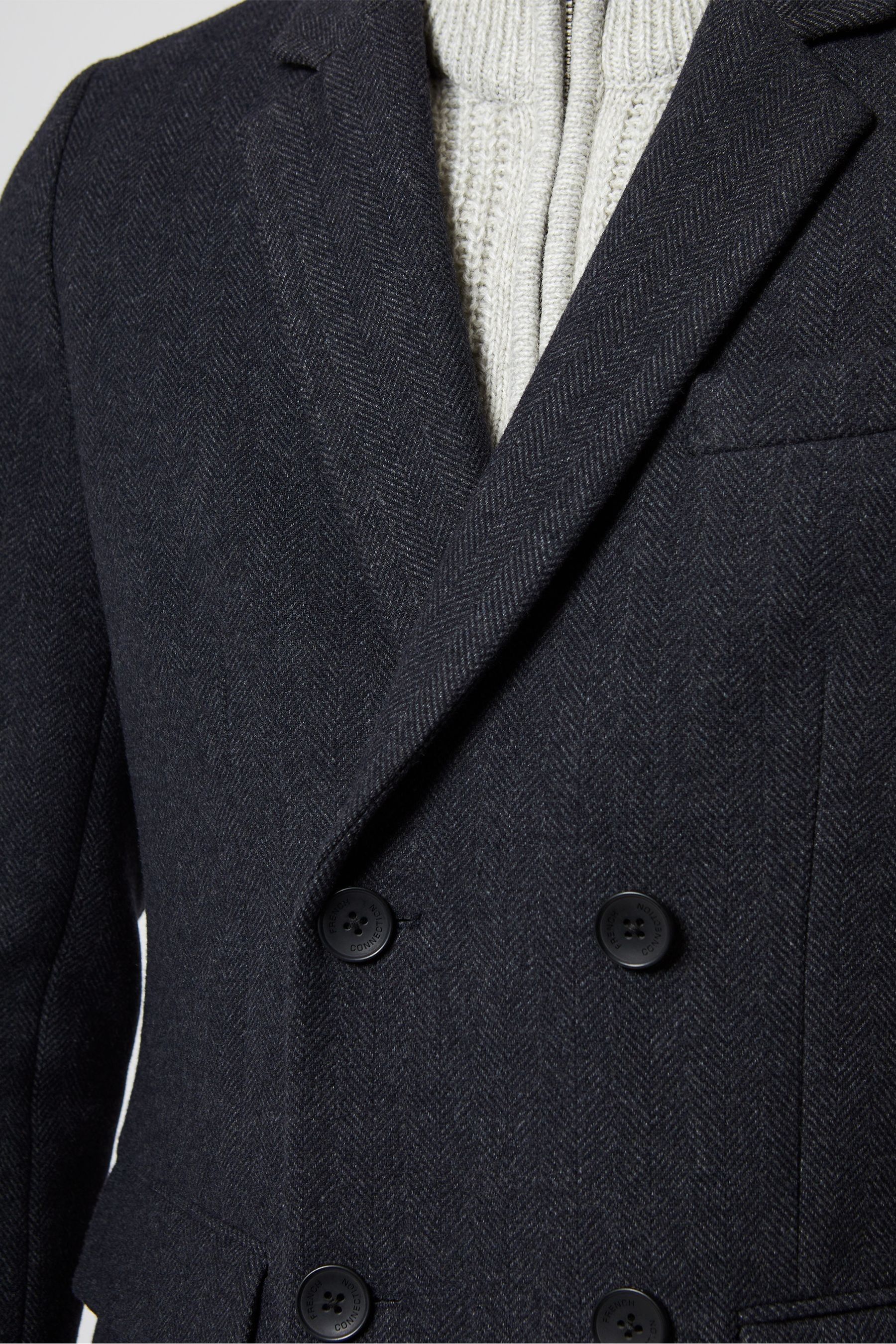Buy French Connection Dark Blue Overcoat Herringbone Jacket from the ...