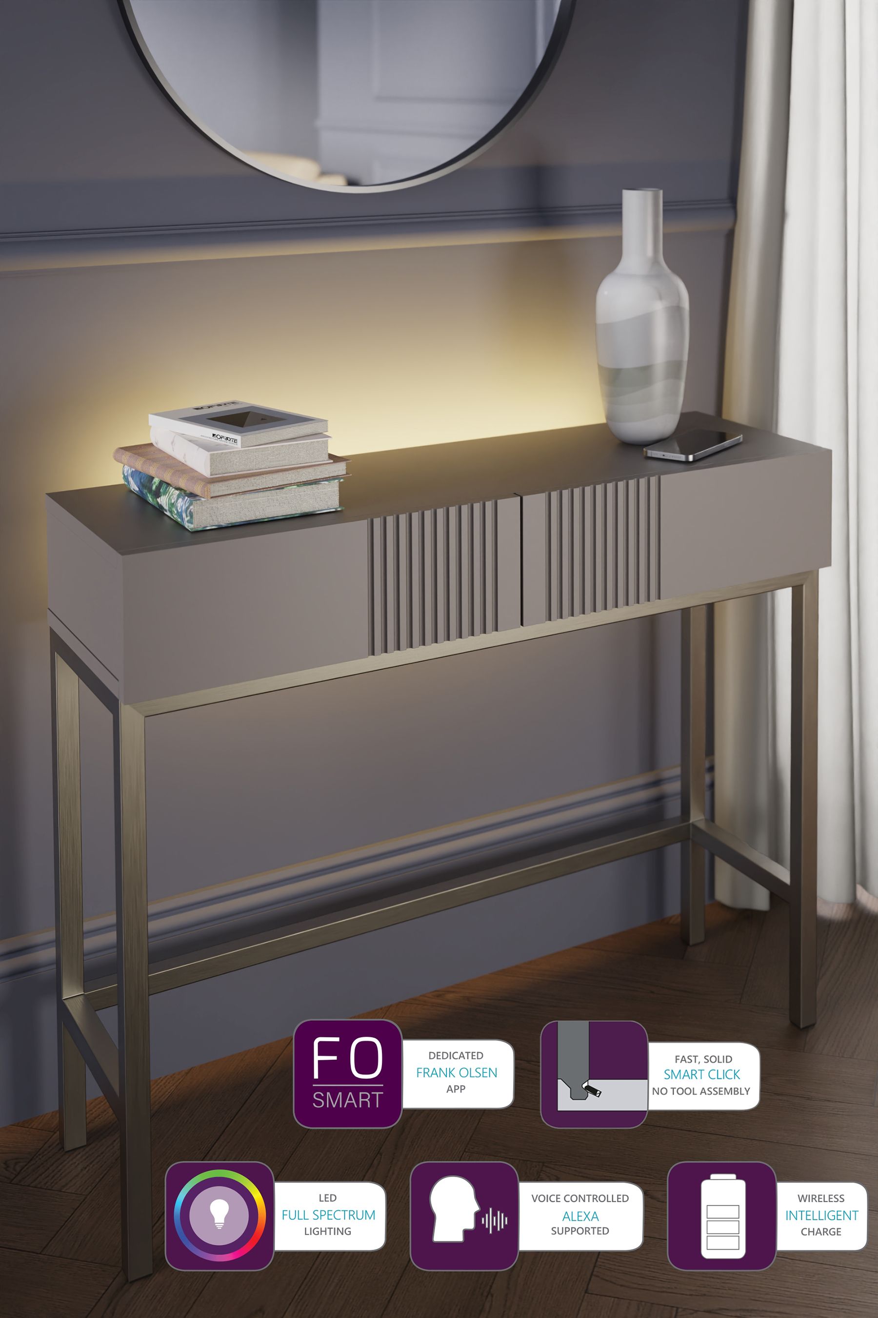 Buy Frank Olsen Grey Iona 2 Drawer Console Table with Smart Features ...