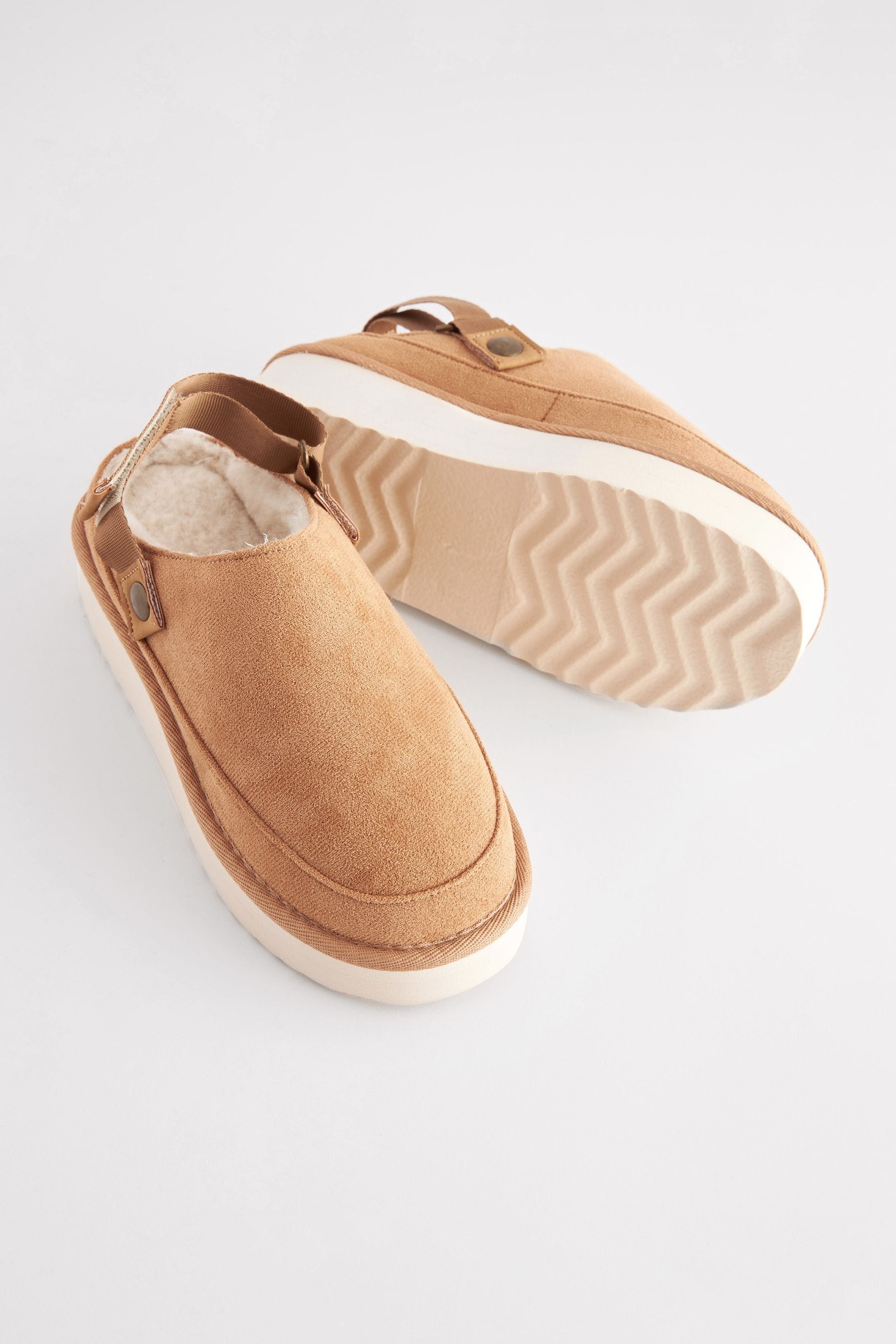 Buy Tan Brown Faux Fur Lined Platform Ankle Strap Slippers from the ...