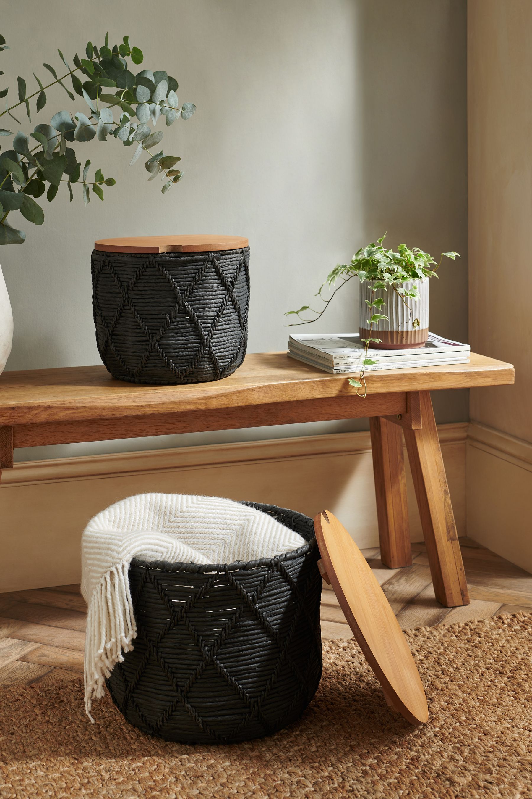 Buy Set of 2 Black and Wood Lidded Storage Baskets from the Next UK ...