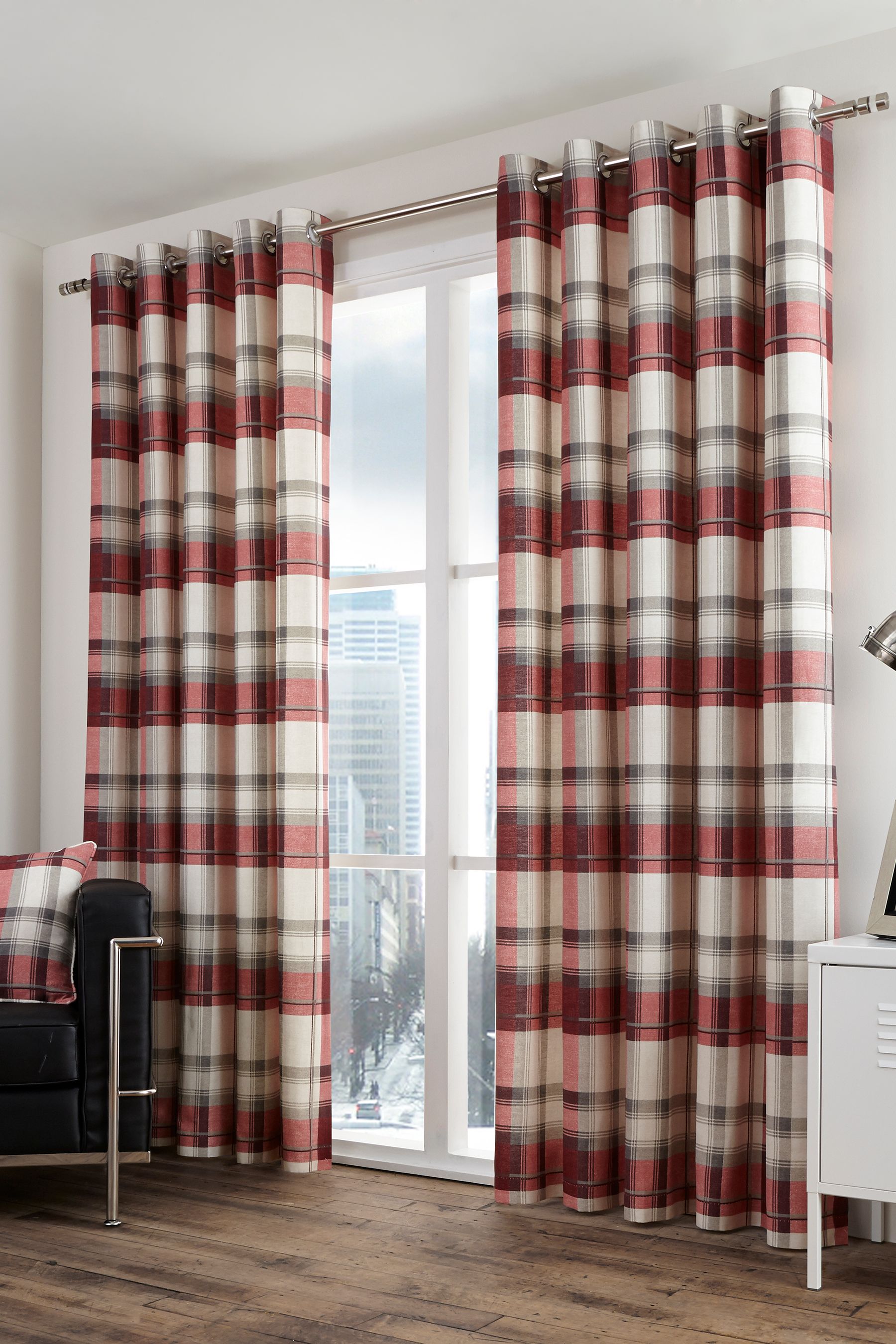Buy Fusion Red Balmoral Check 100% Cotton Eyelet Curtains from the Next ...
