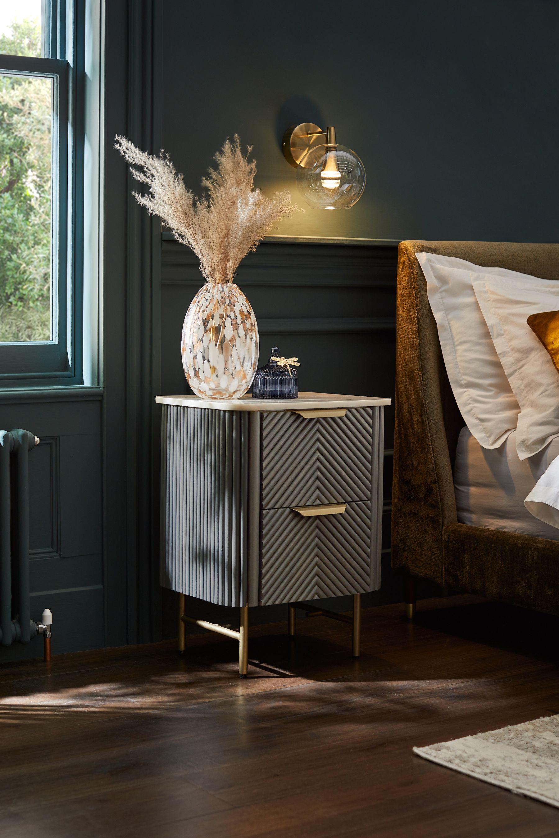 Buy Dark Grey Valencia Marble Mango Wood 2 Drawer Bedside Table from ...