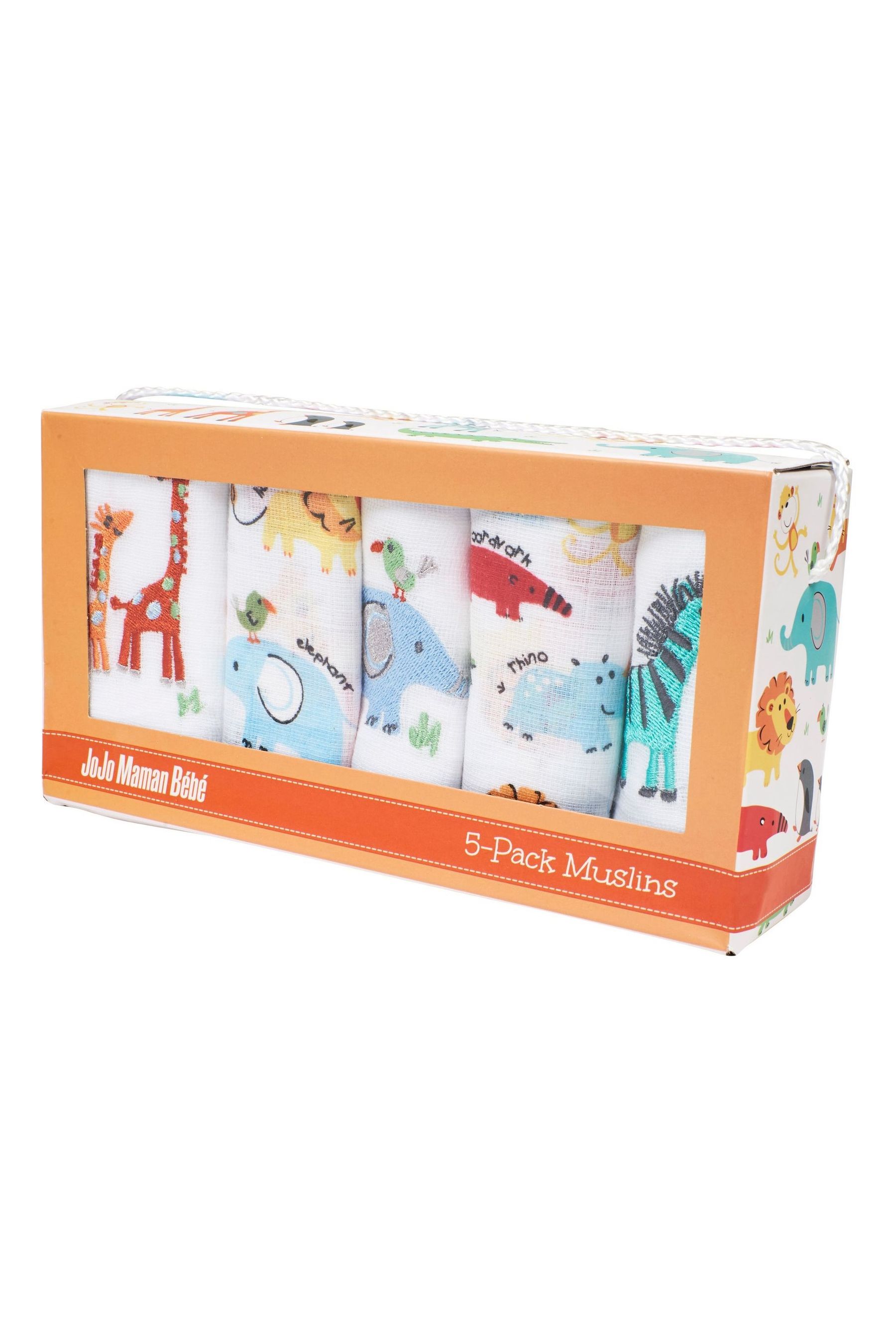 Buy JoJo Maman Bébé White 5-Pack Jungle Embroidered Muslins from the ...