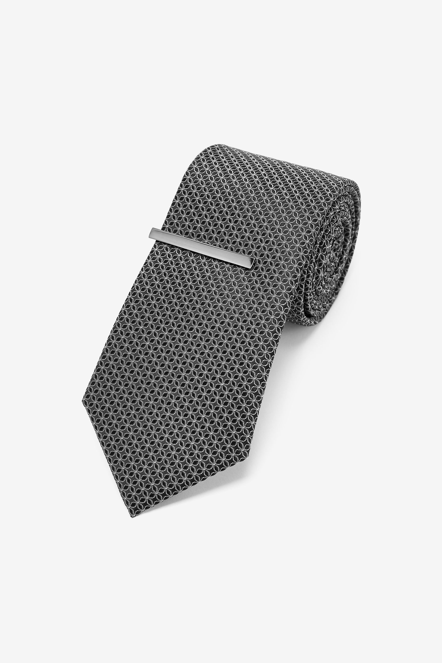 Buy Black/Charcoal Grey Textured Tie With Tie Clip 2 Pack from Next ...