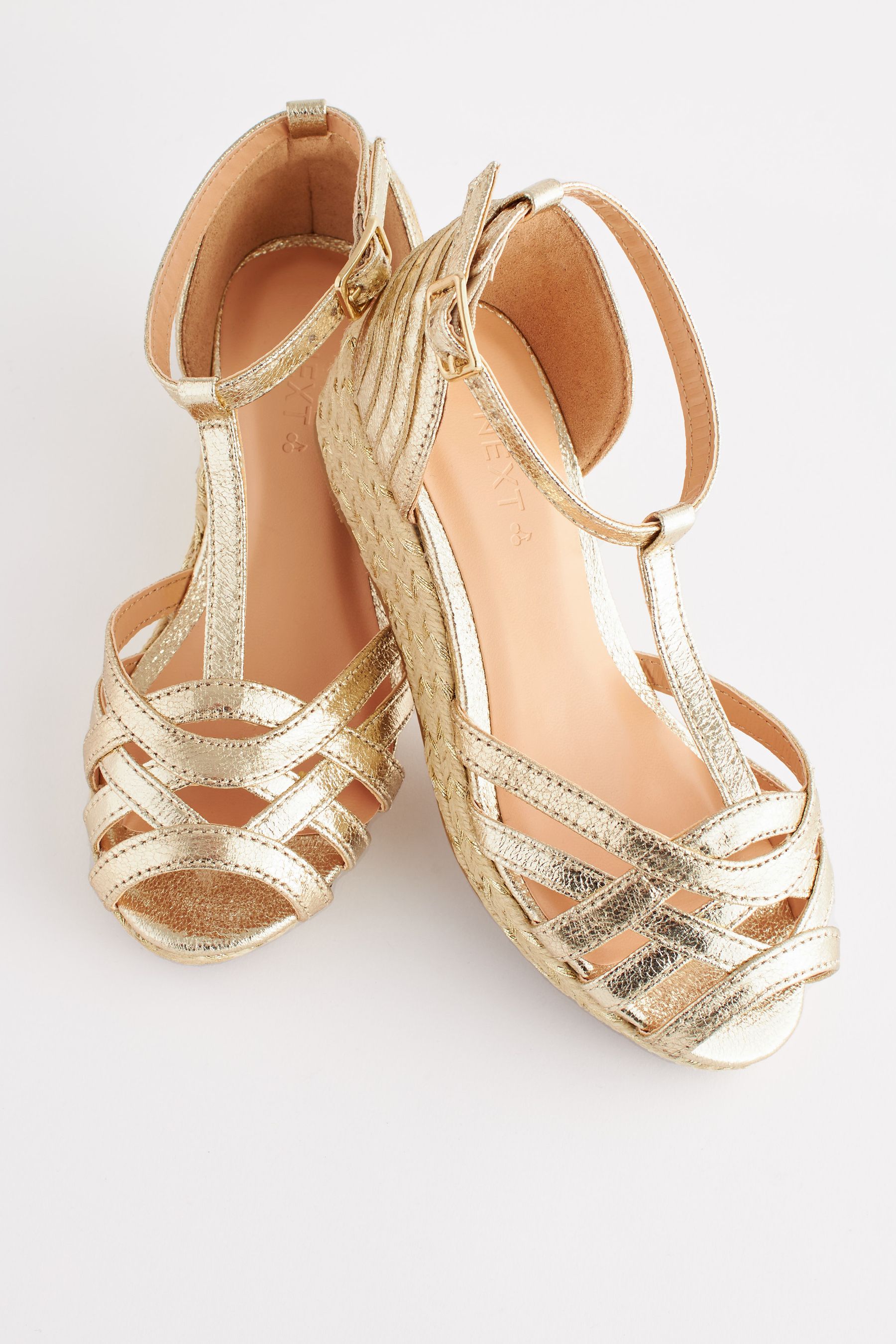 Buy Gold Metallic Woven Wedge Ankle Strap Sandals from the Next UK ...