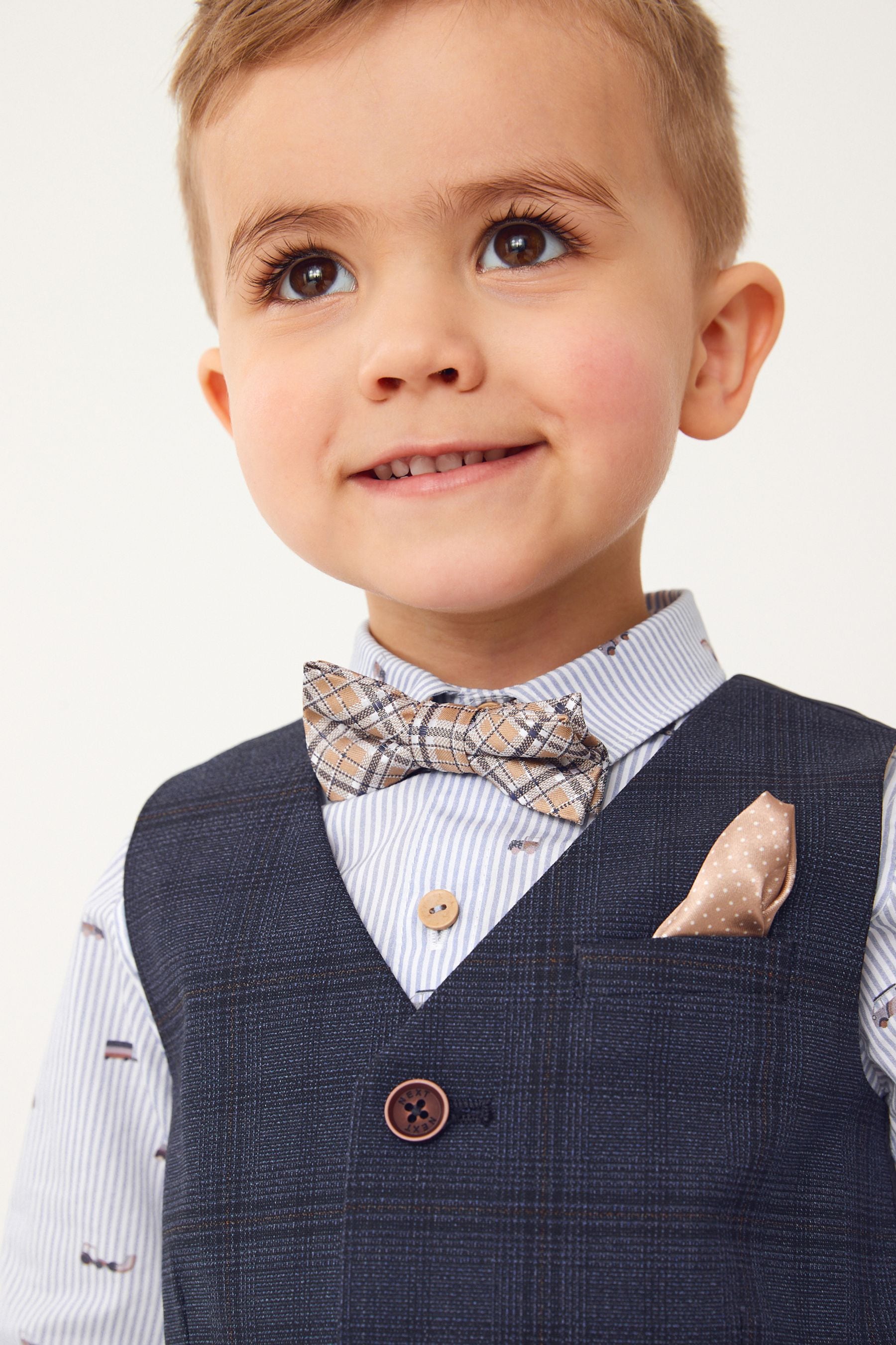 Buy Navy Blue Check Waistcoat Set With Shirt & Bow Tie (3mths-7yrs ...