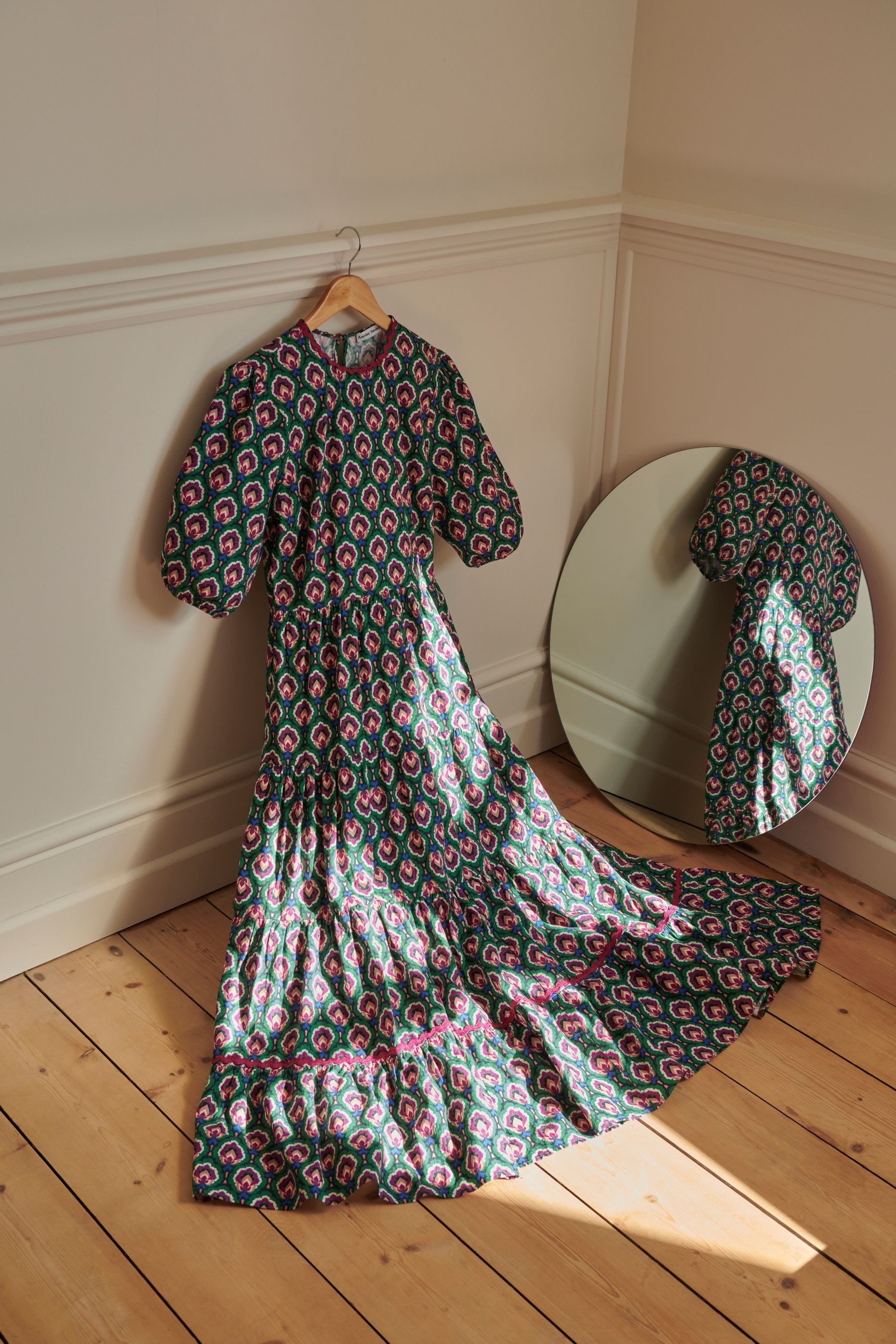 Buy Another Sunday Tiered Midi Smock Dress With Puff Sleeves In Green ...