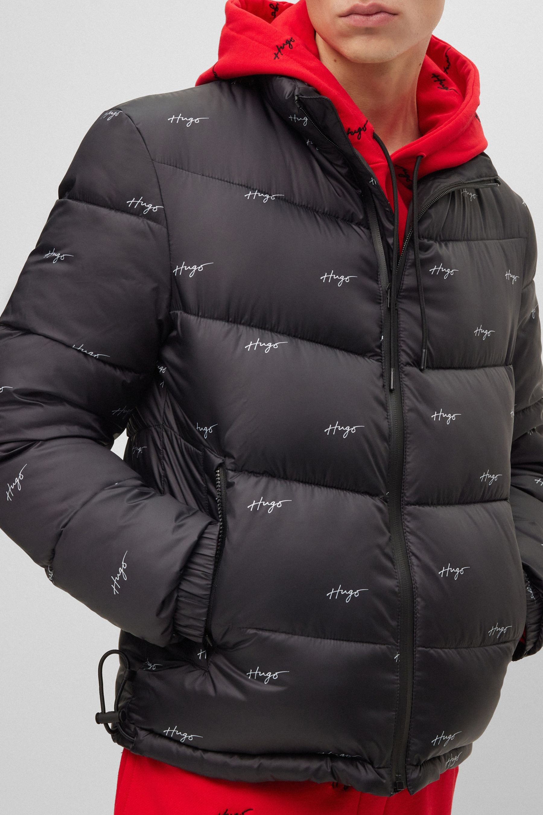 Buy HUGO Black Water Repellent Signature Multi Logo Padded Quilted ...