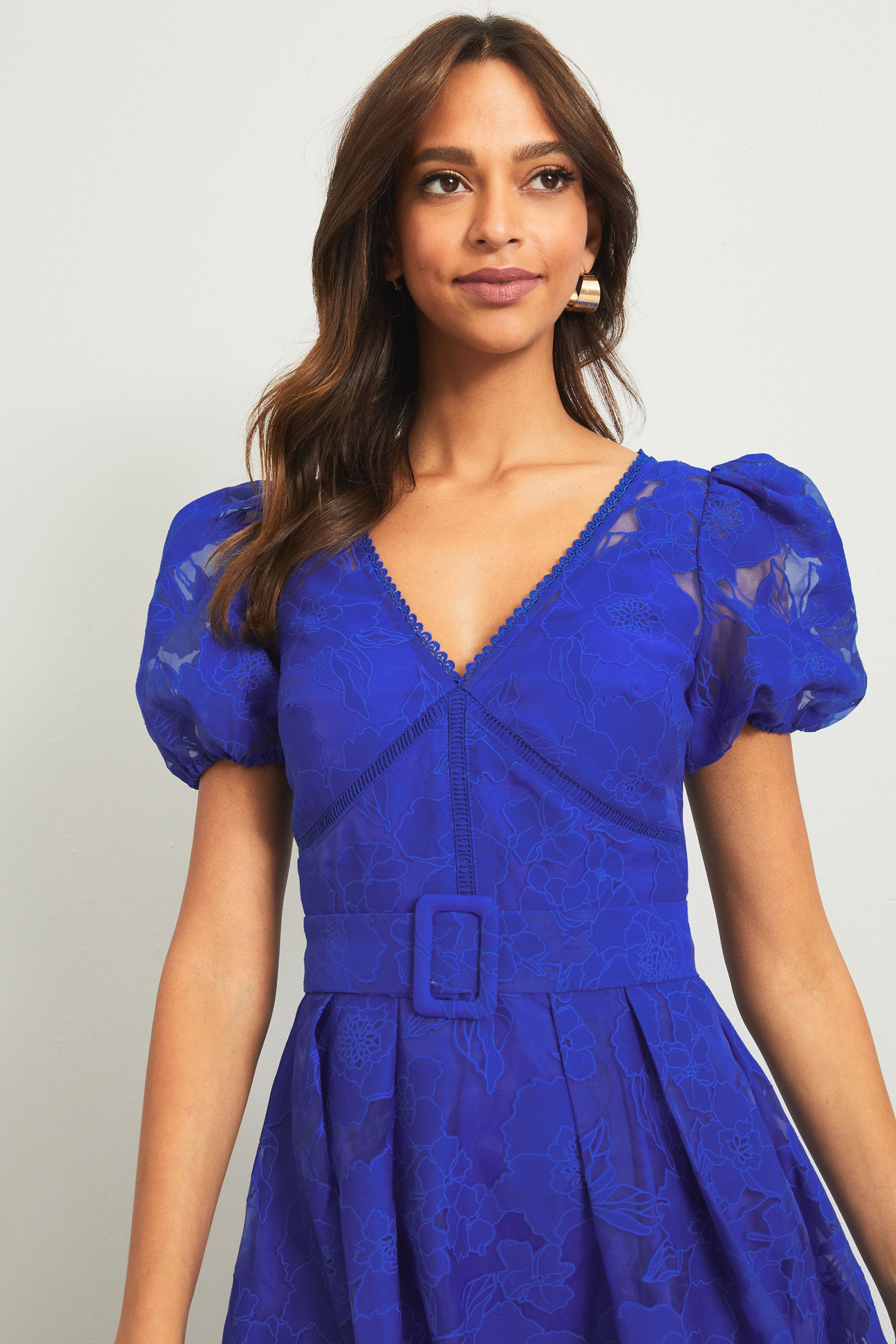 Buy Lipsy Premium Burnout V Neck Belted Puff Sleeve Skater Midi Dress ...