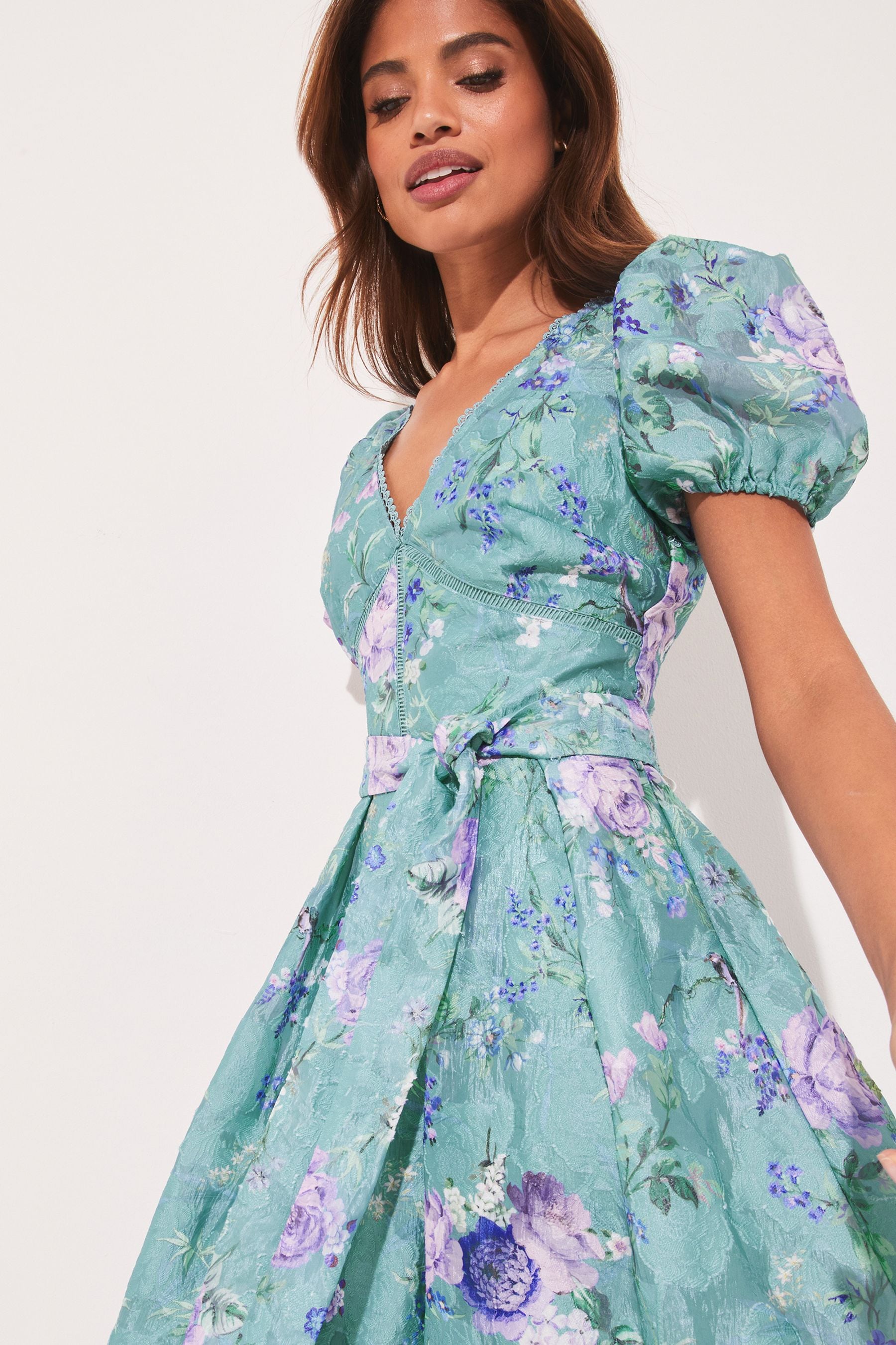 Buy Lipsy Premium V Neck Belted Lace Short Puff Sleeve Midi Dress from ...