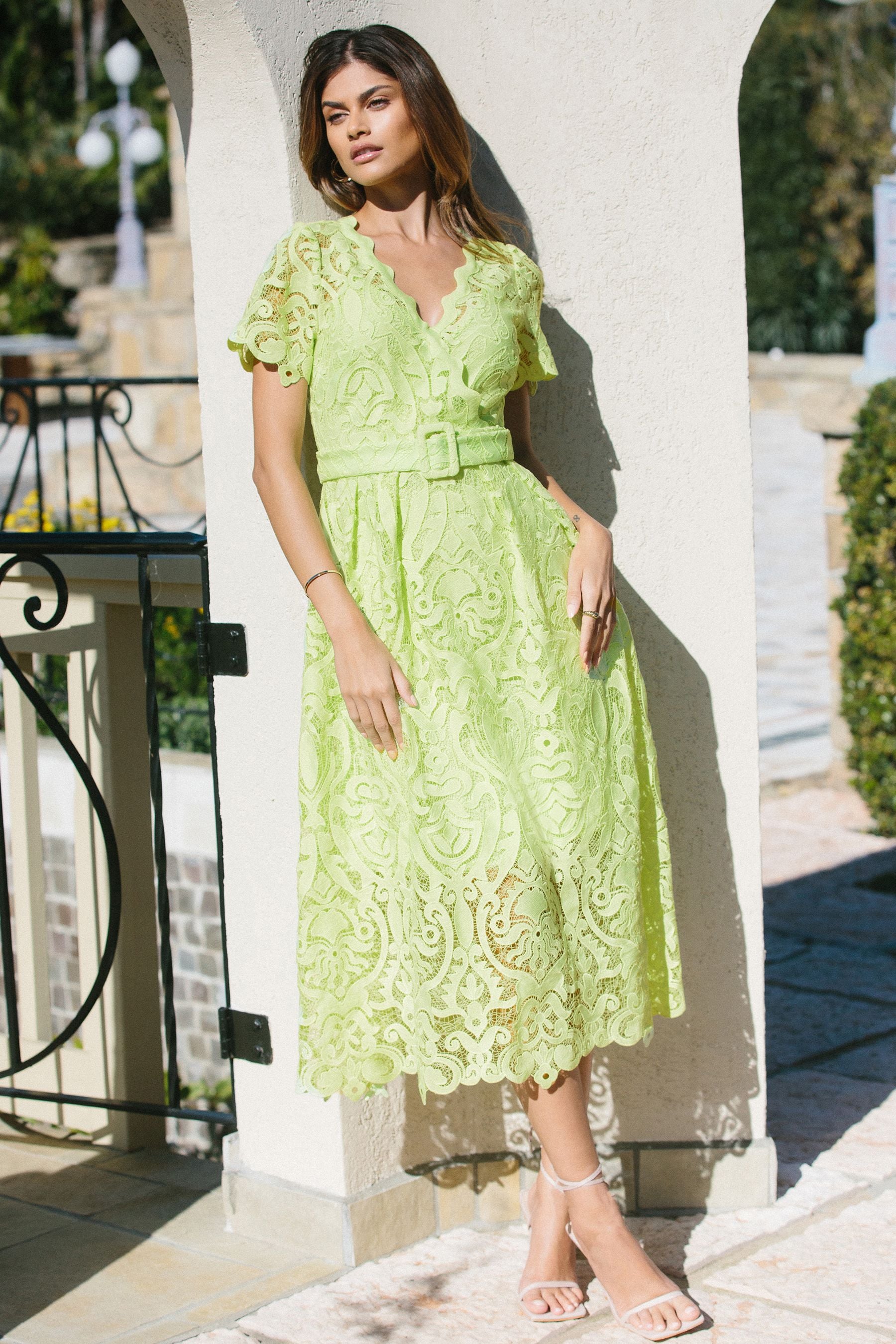 Buy Lipsy Premium V Neck Belted Lace Short Puff Sleeve Midi Dress from ...