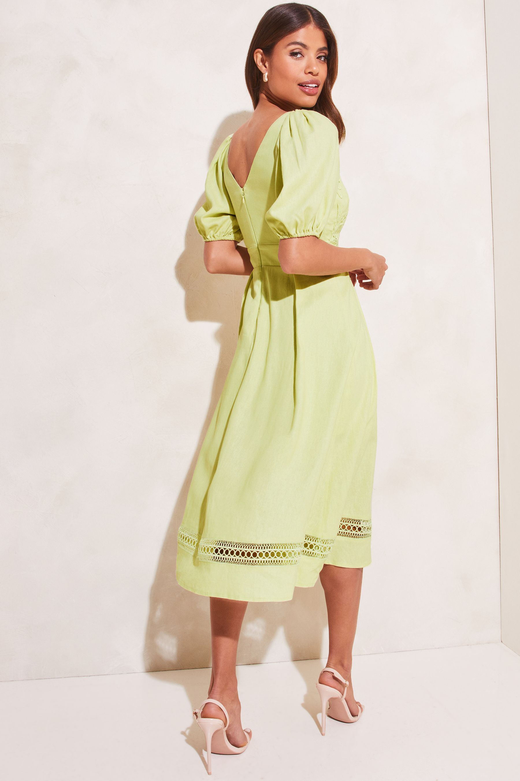 Buy Lipsy Green Puff Sleeve V Neck Lace Artwork Skater Dress From Next