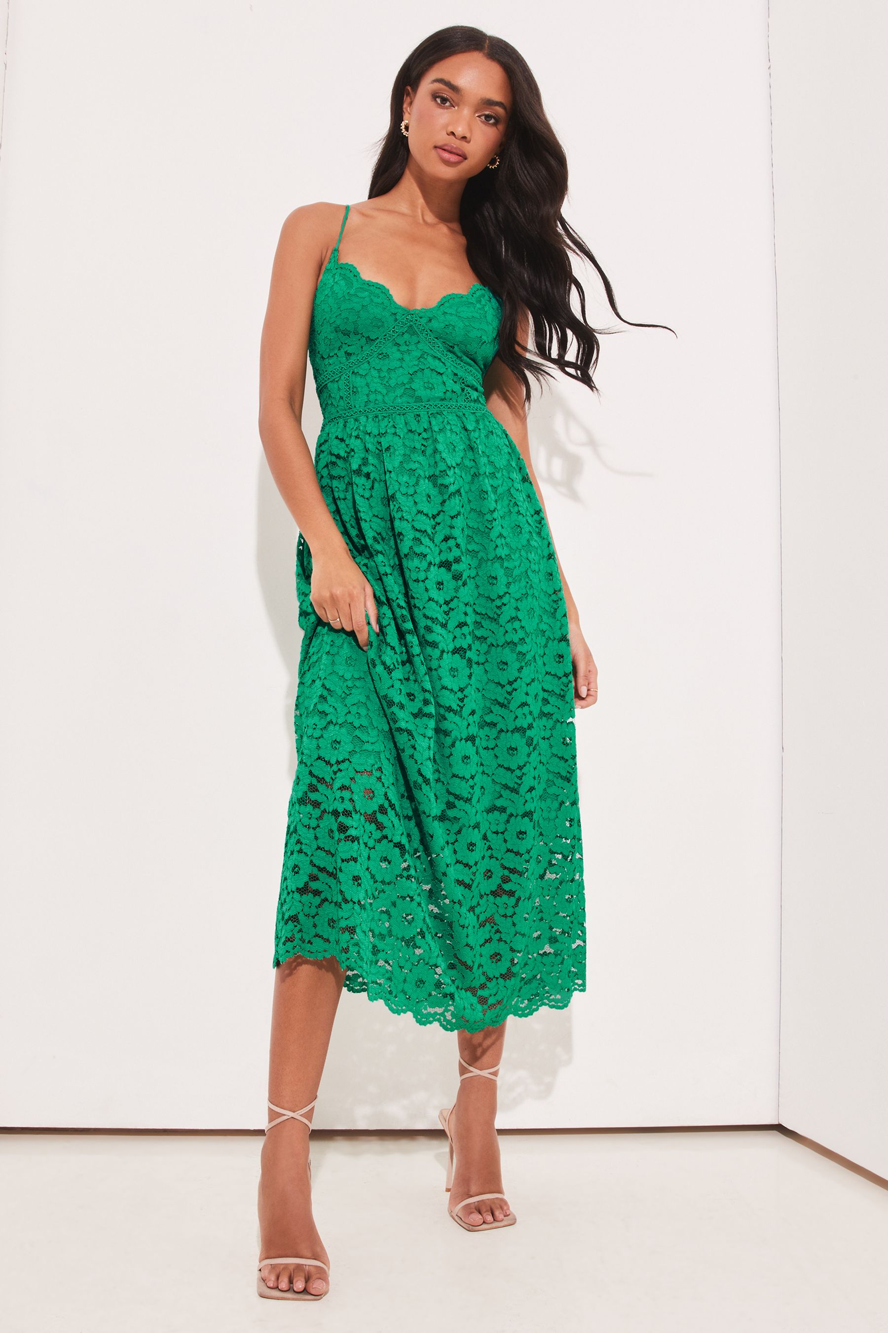 Buy Lipsy Green Strappy Lace V Neck Scallop Hem Midi Dress from Next ...