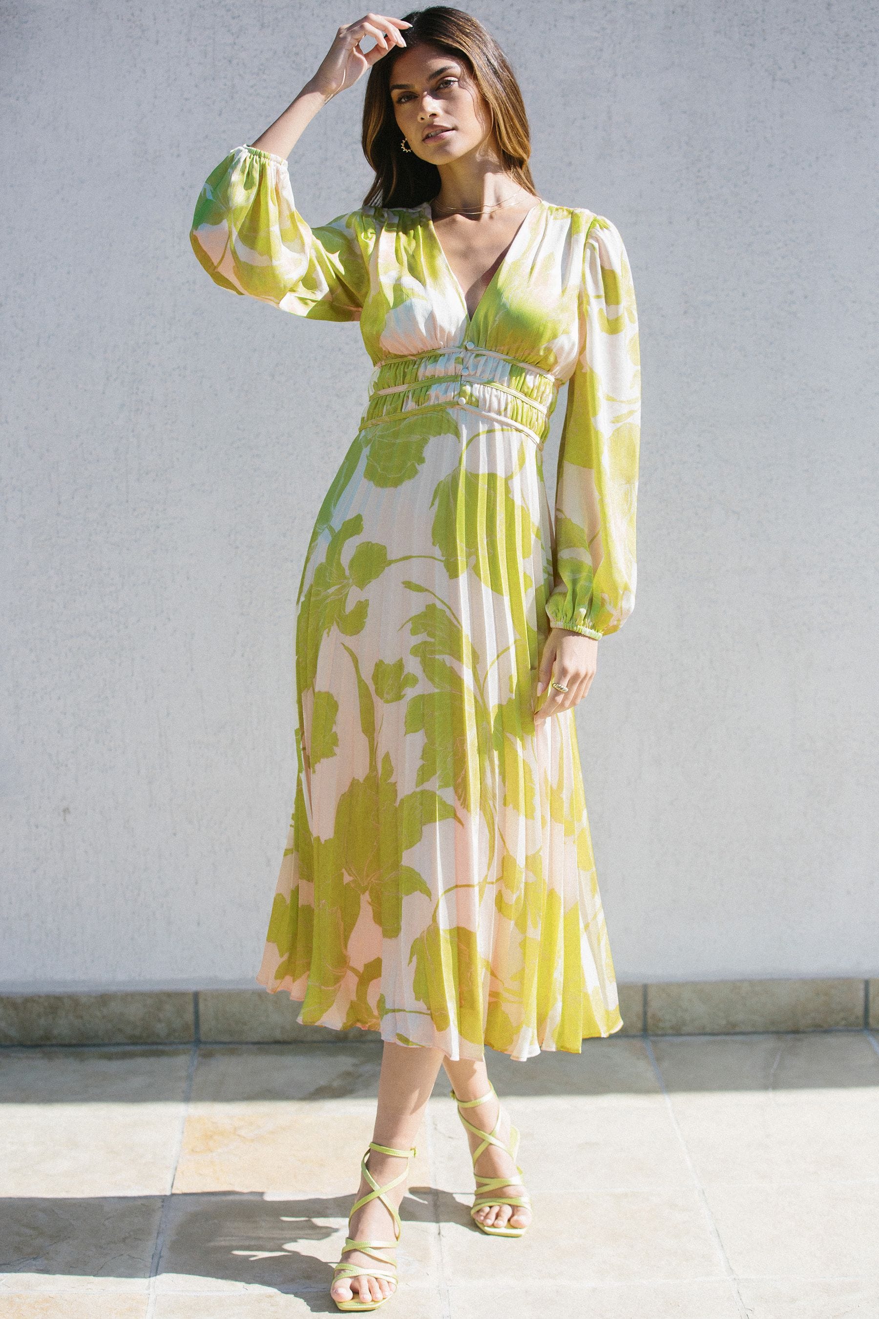 Buy Lipsy Long Sleeve Pleated V Neck Channel Waist Midi Dress from Next ...