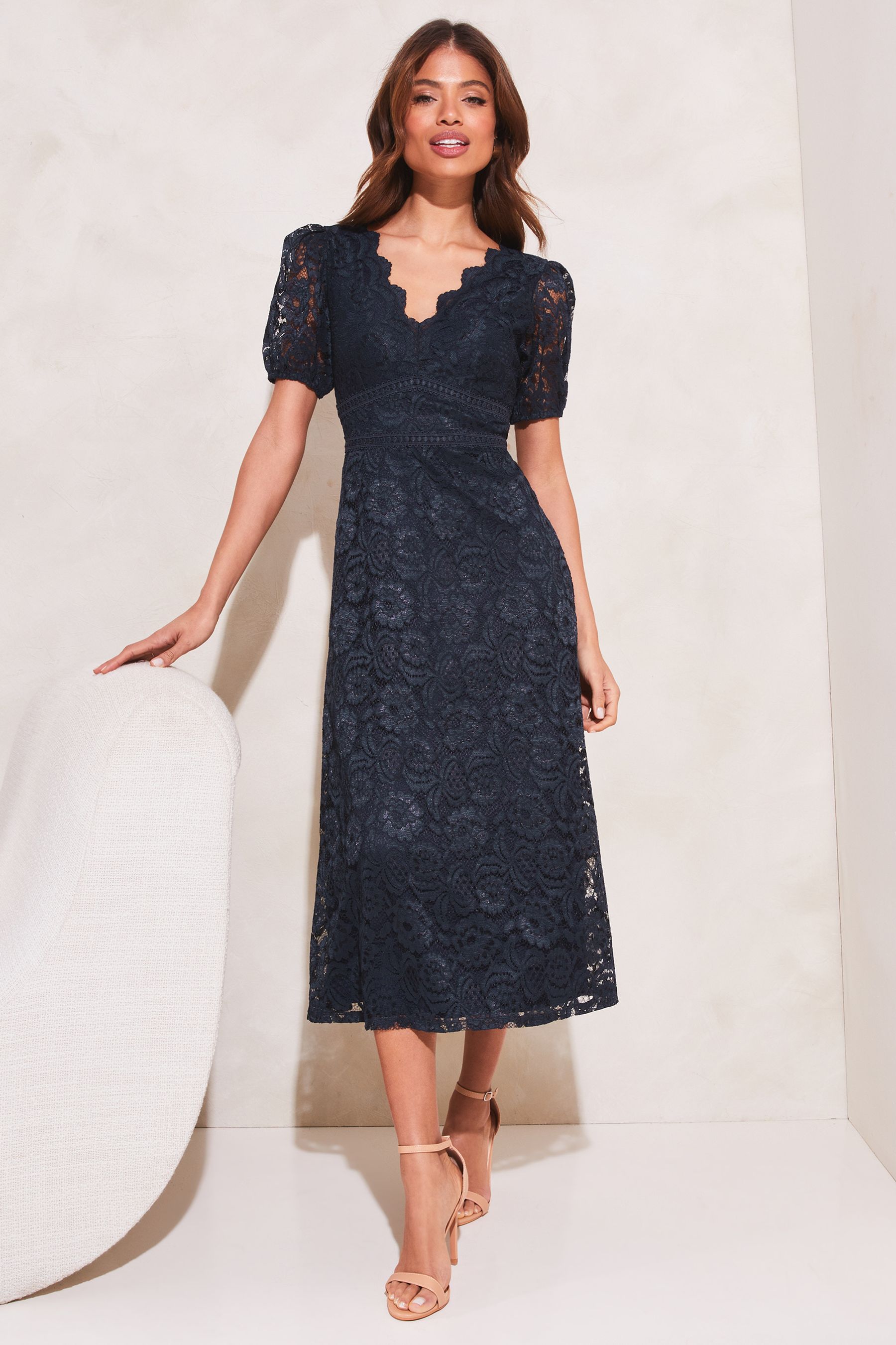 Buy Lipsy Lace Prom Scallop V Neck Puff Sleeve Midi Dress From Next
