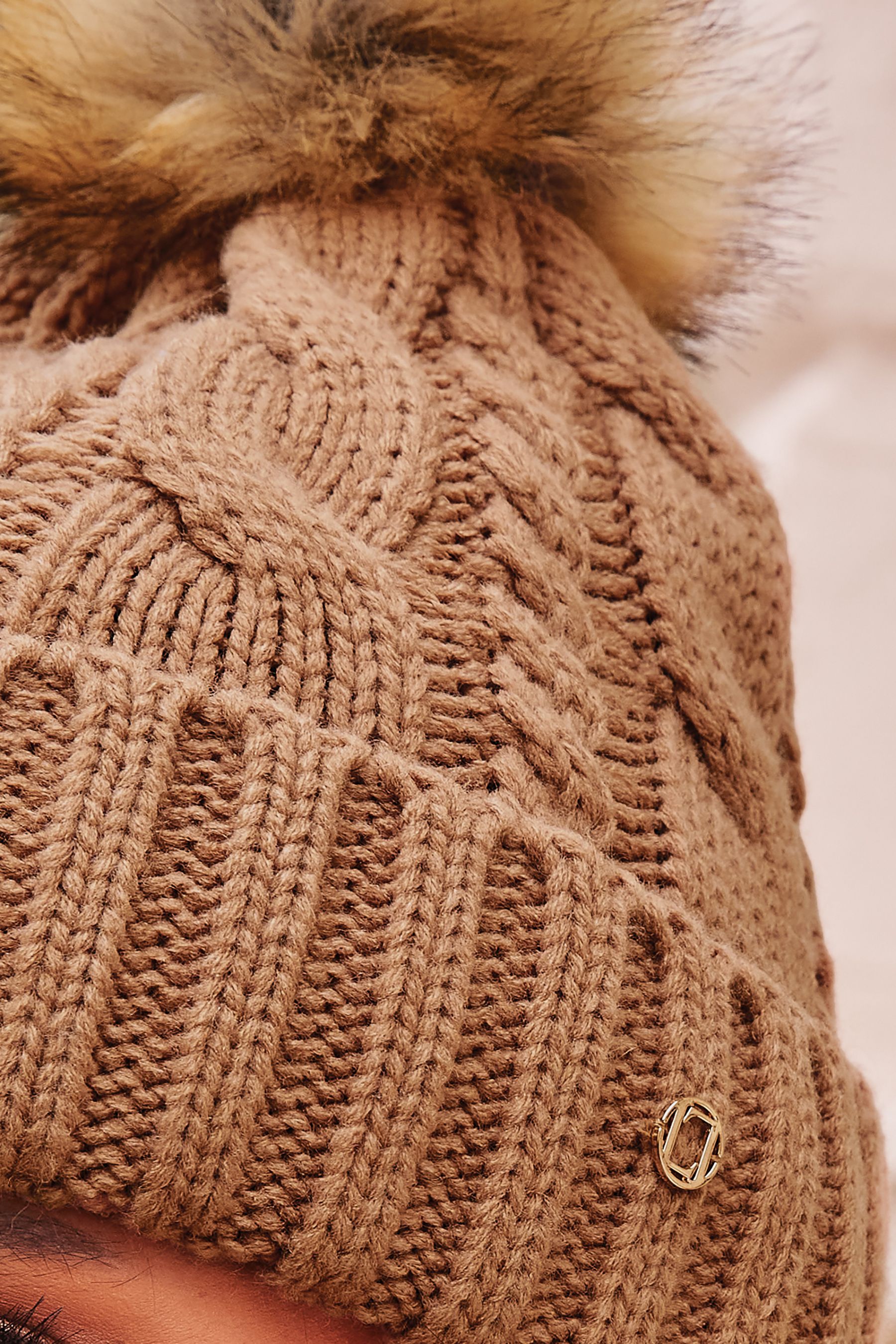 Buy Lipsy Camel Cosy Knit Faux Fur Bobble Hat from the Next UK online shop