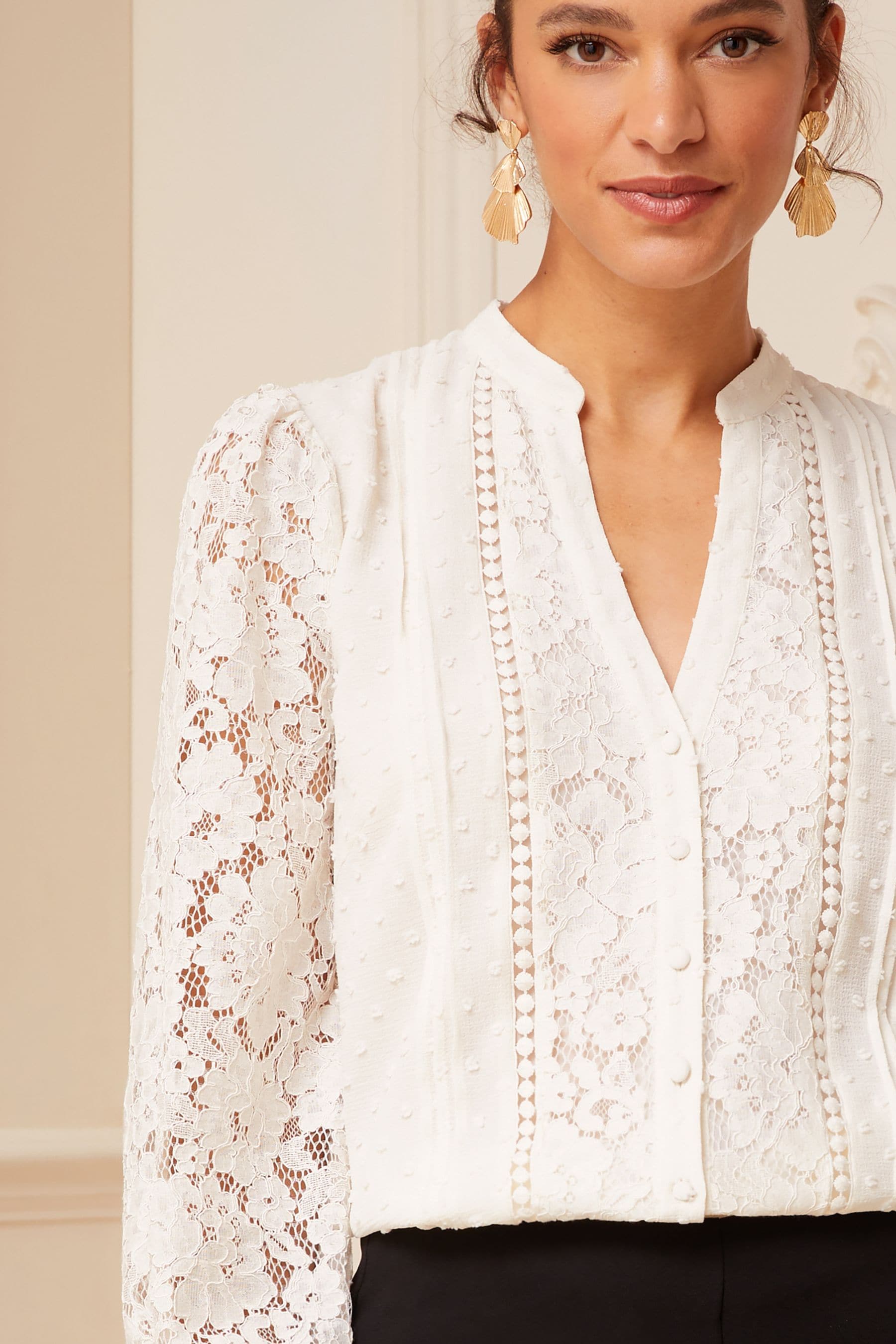 Buy Love & Roses Ivory White Lace Long Sleeve Button Front V Neck ...