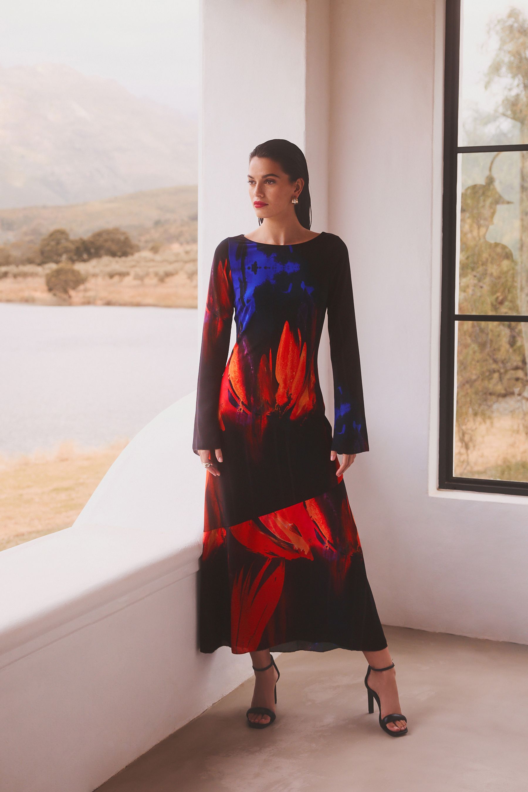 Buy Black With Bright Abstract Floral Long Sleeve Column Maxi Dress ...
