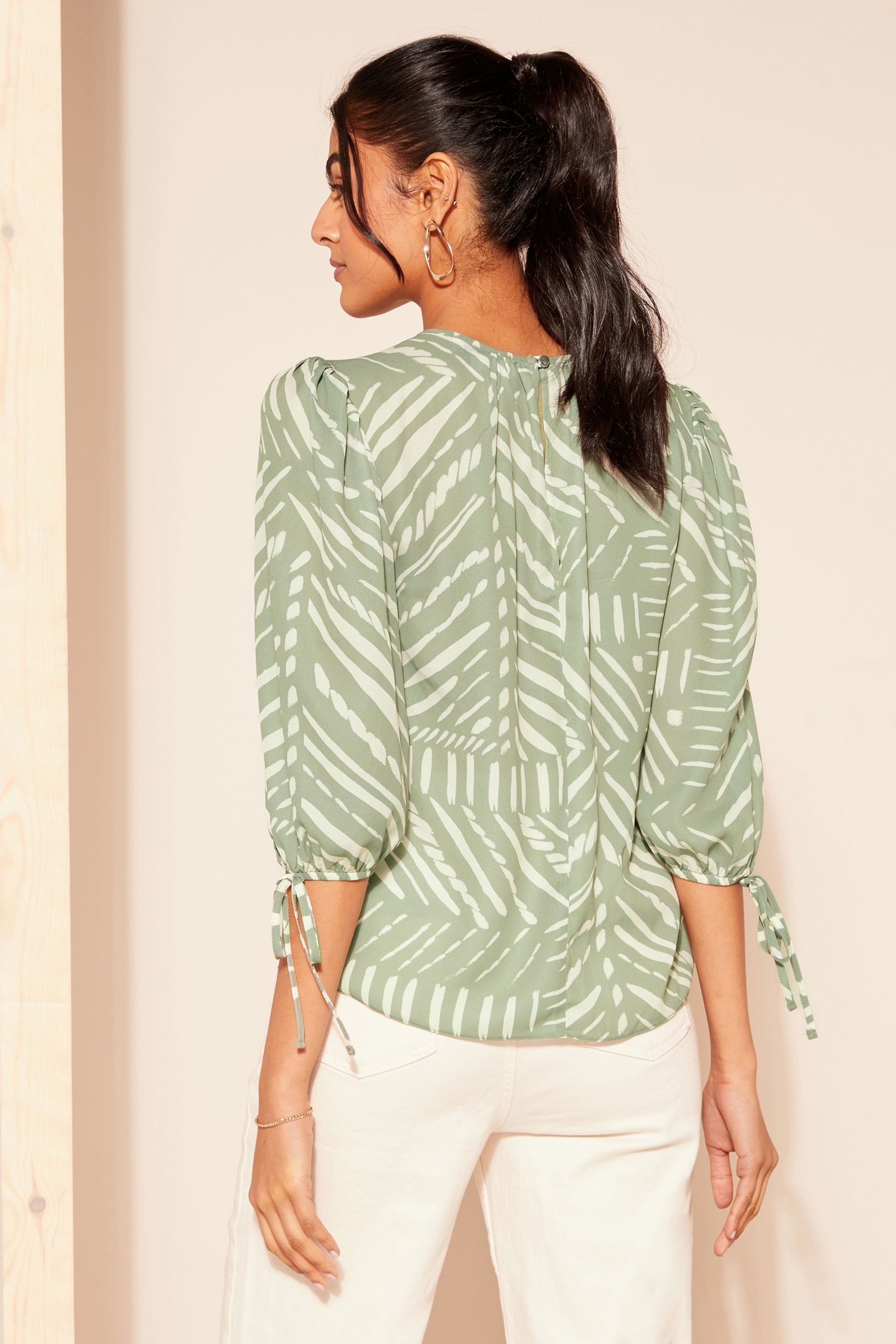 Buy Friends Like These Khaki Green 3/4 Sleeve Chiffon Tie Cuff Blouse ...