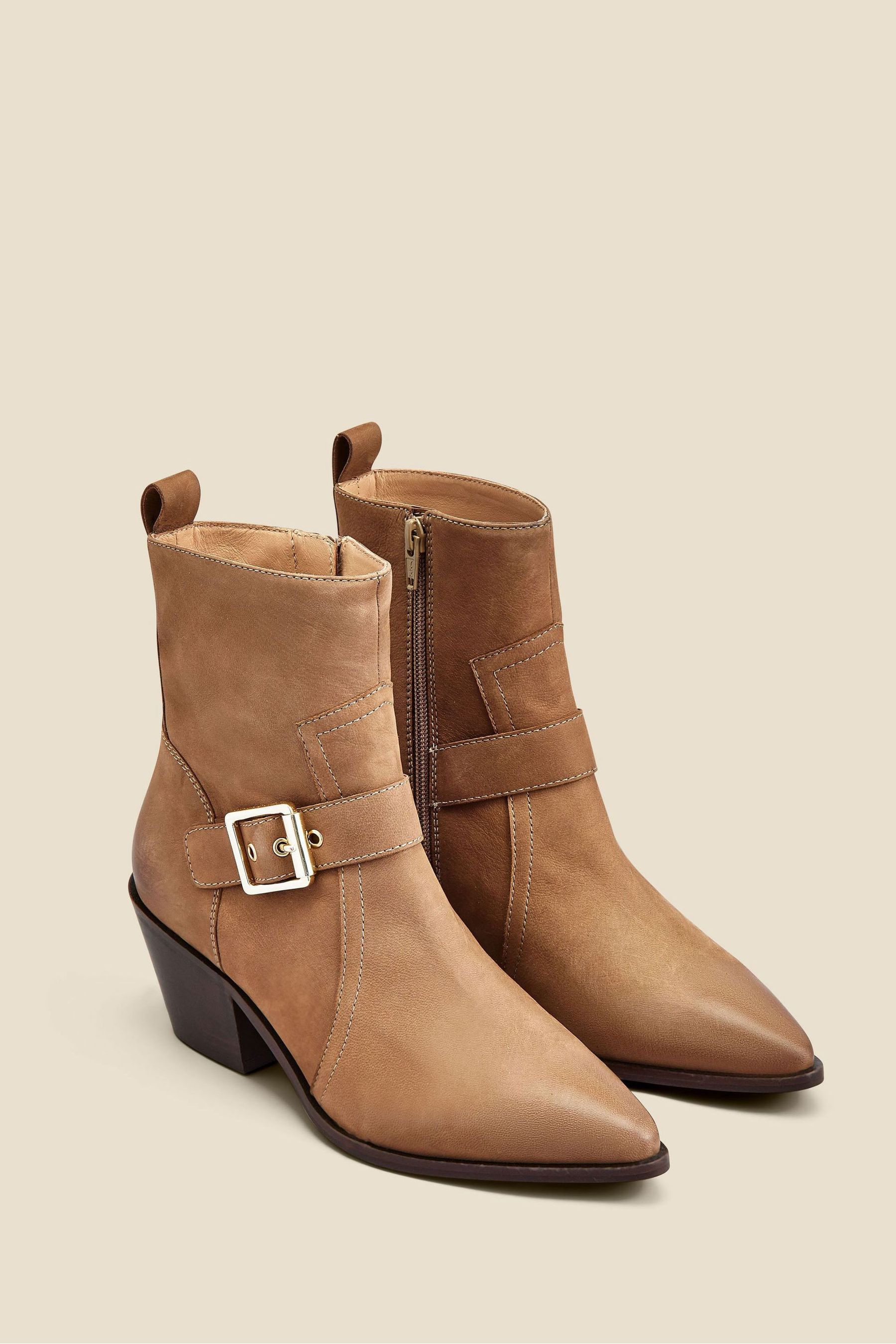 Buy Sosandar Brown Leather Buckle Detail Western Ankle Boots from the ...