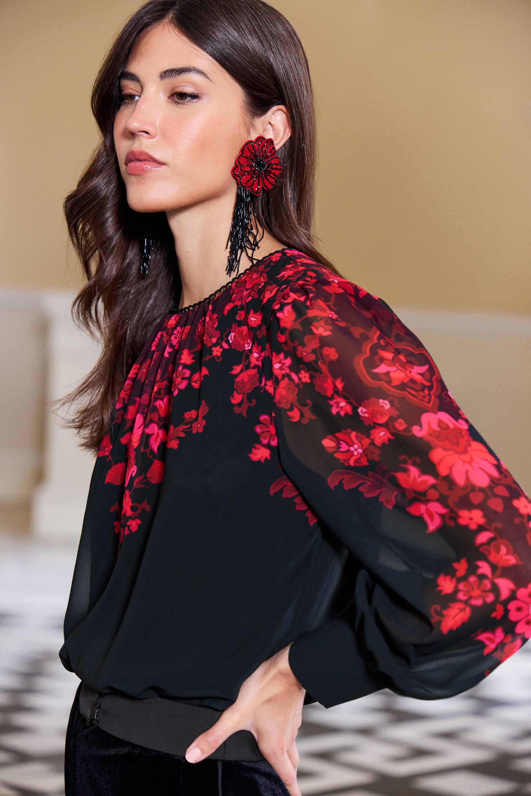 Buy Love And Roses Black And Red Printed Ruched High Neck Long Sleeve