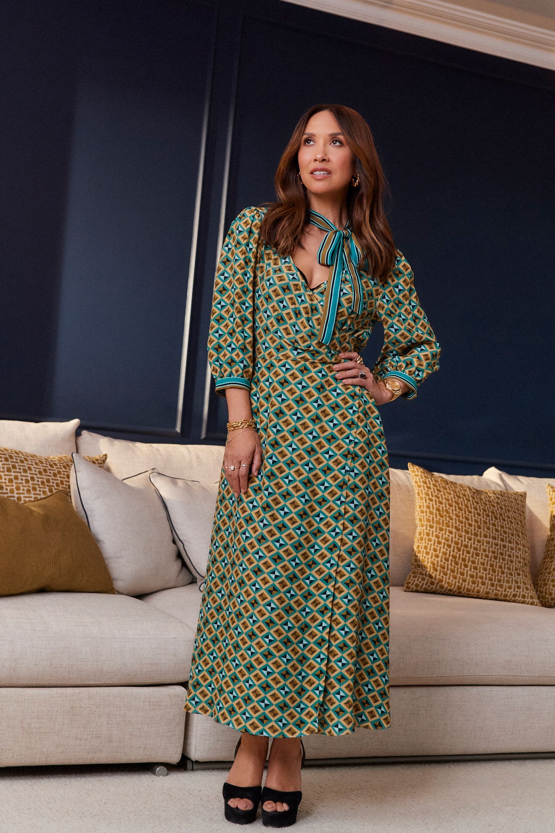 Buy Myleene Klass Green Printed Tie Neck Midi Dress from Next Ireland