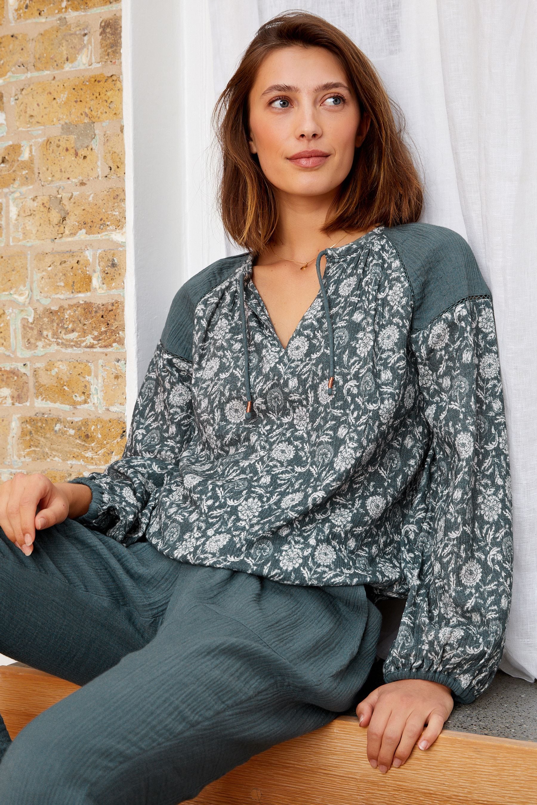 Buy Green Floral Cotton Crinkle Bubble Hem Long Sleeve Top from Next ...