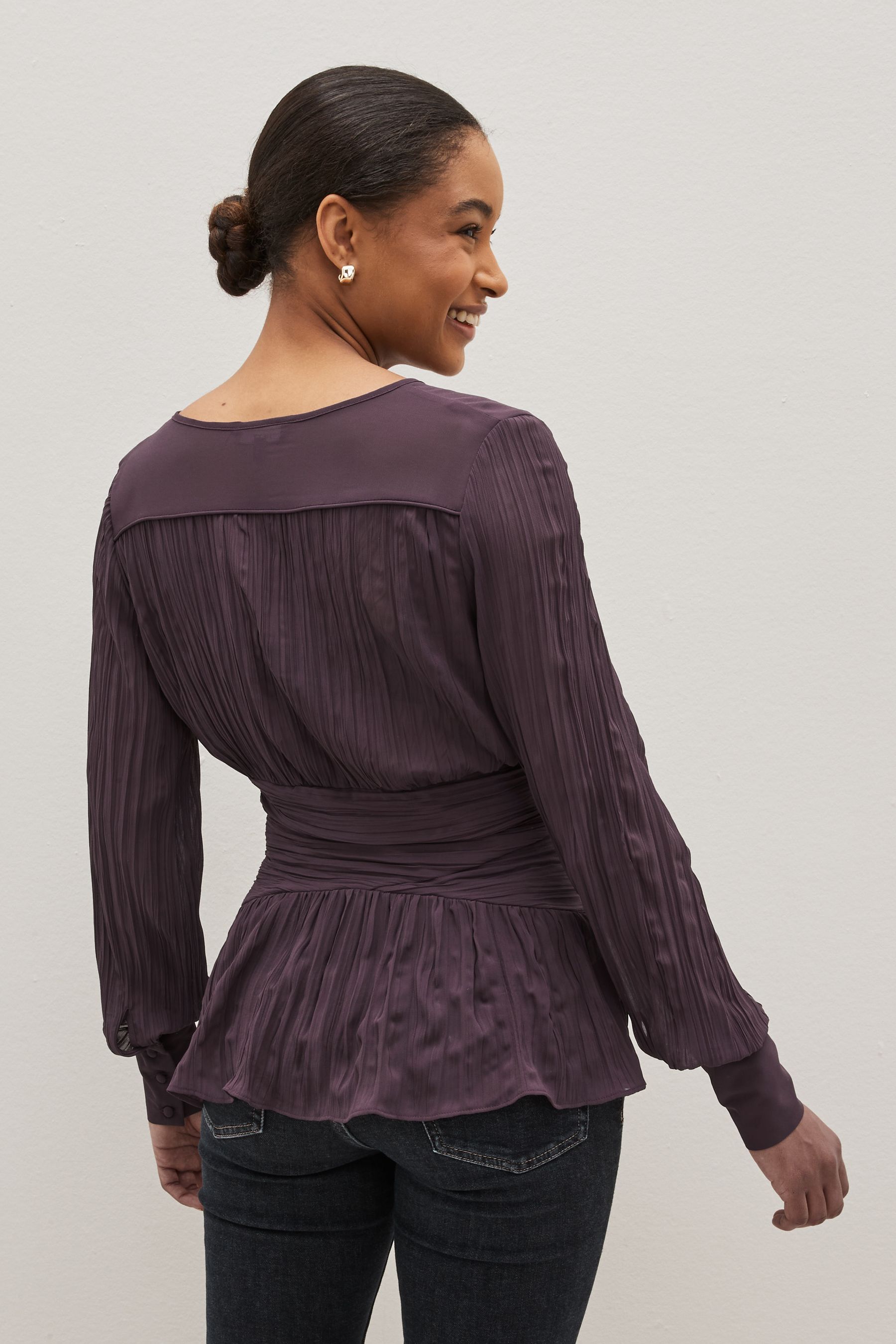 Buy Pleated Long Sleeves V-Neck Top from Next Ireland