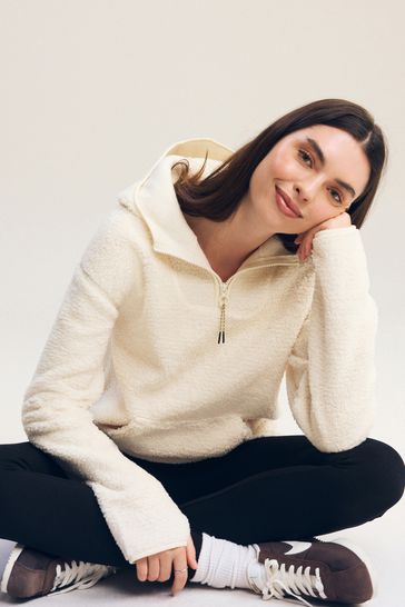 Buy Ecru Outdoor Next Elements Hooded Teddy Borg Quarter Zip Fleece ...