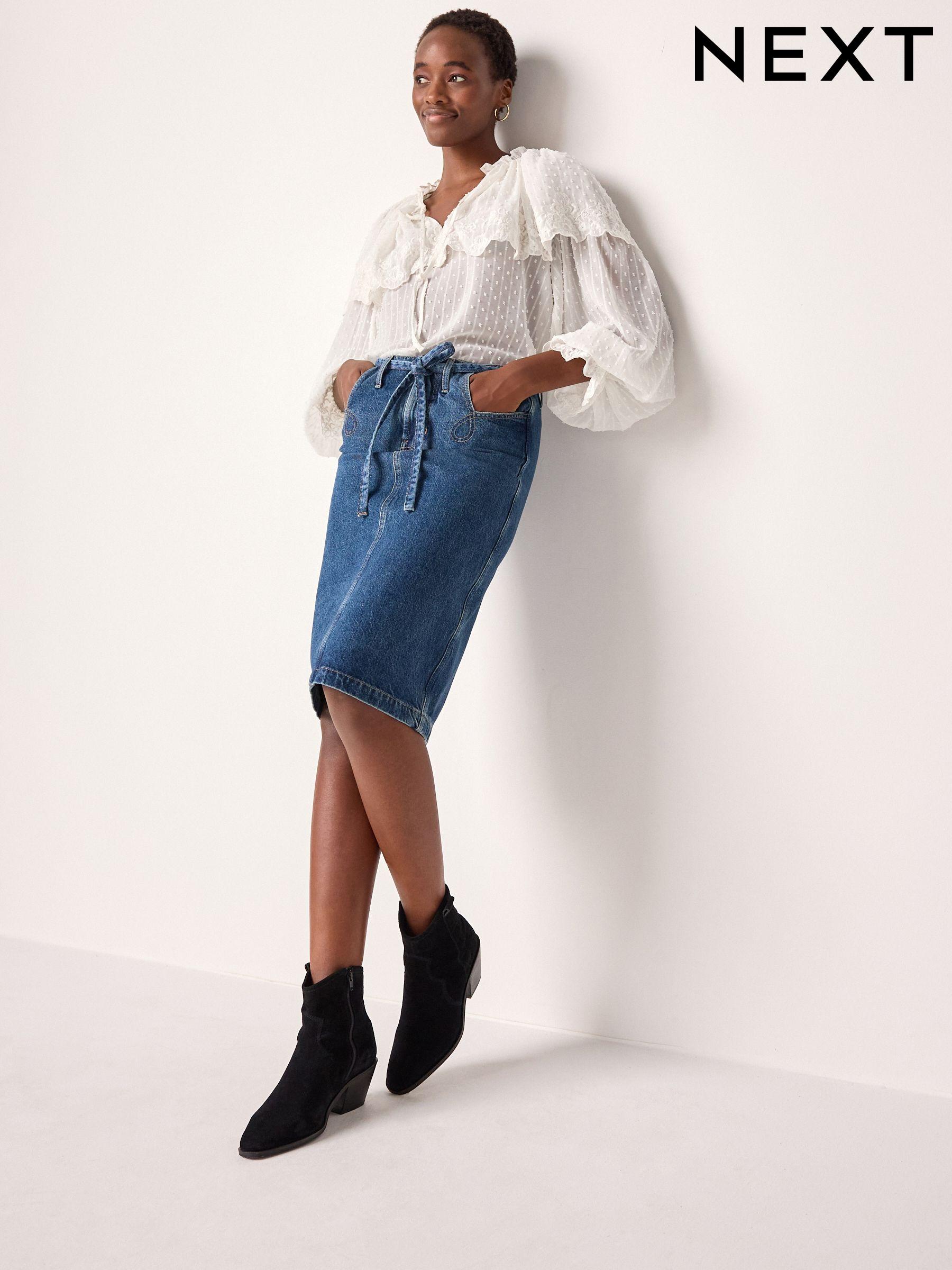 Knee length jean skirts store