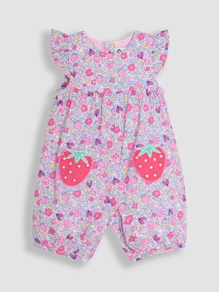 Pink Strawberry Applique Pockets Pretty Ruffle Shoulder Embroidered 100 ...