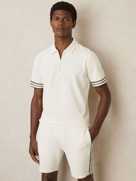 Textured Contrast Trim Half-Zip Polo Shirt in Off White (E14403) | £78