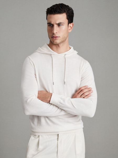 Merino Wool Drawstring Hoodie in Snow (N17307) | £68