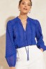 Buy Love & Roses Cobalt Blue Ruffle Sheer Tie Neck Long Sleeve Blouse ...