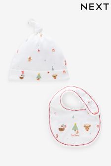 White Baby Christmas 100% Cotton Bib and Hat Set (0-12mths) (N28826 ...