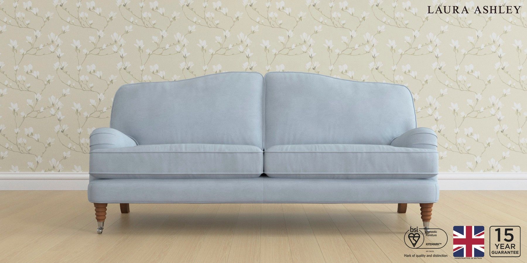 Buy Lynden by Laura Ashley Large Sofa Ailsworth Newport Blue Ornate Chrome Castor - Teak from ...