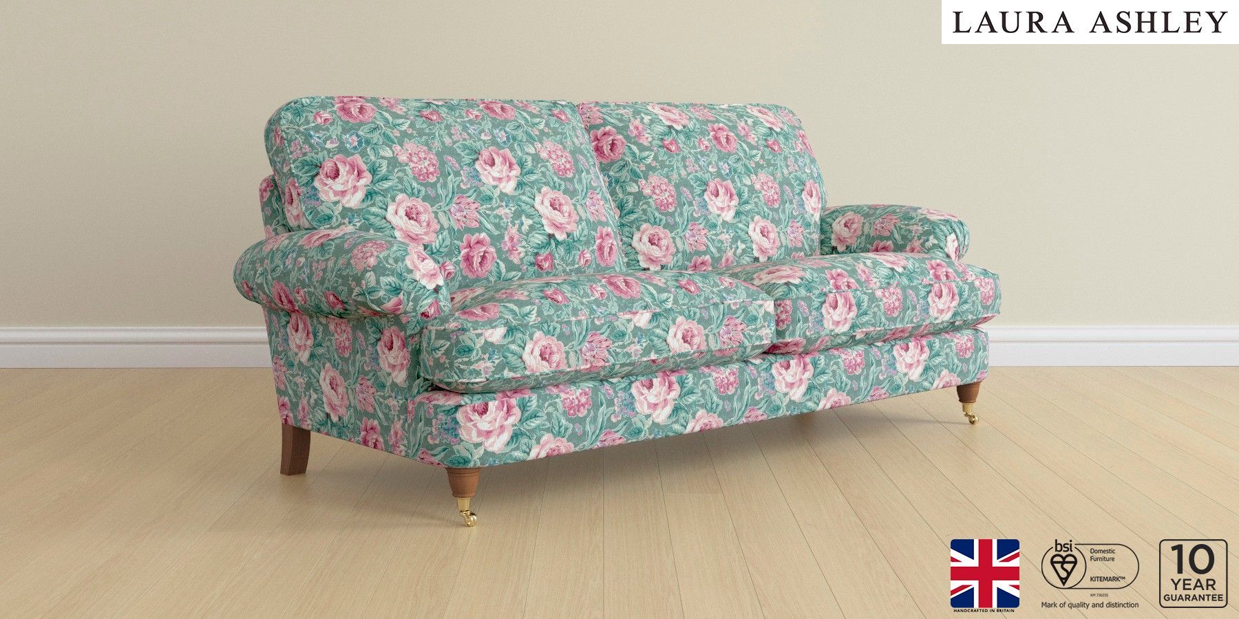 Buy Beaumaris by Laura Ashley Large Sofa Wild Roses Fern Green Low ...