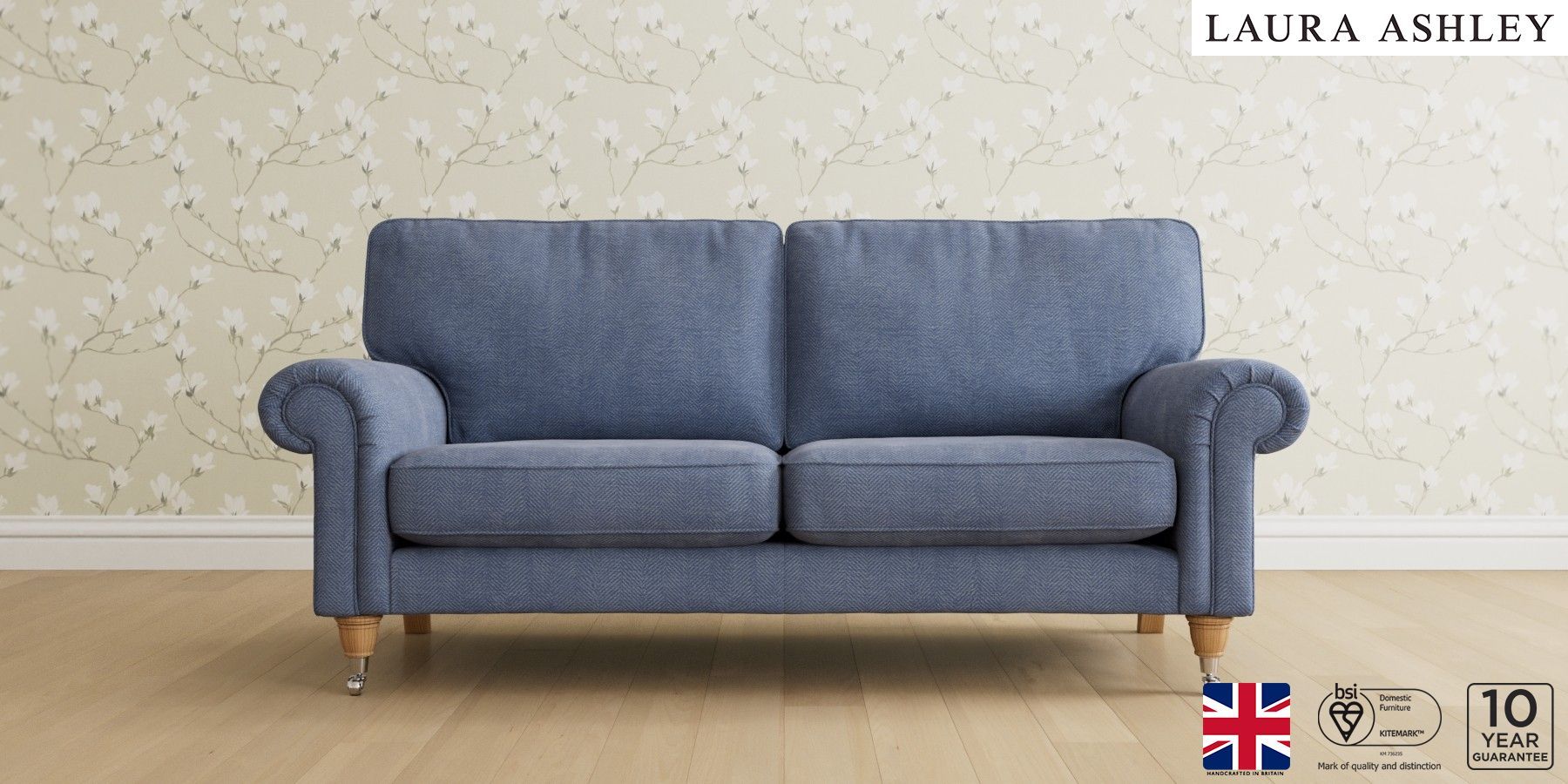 Buy Kingston by Laura Ashley Large Sofa Edwin Chenille Seaspray Low Chrome Castor - Light Oak ...