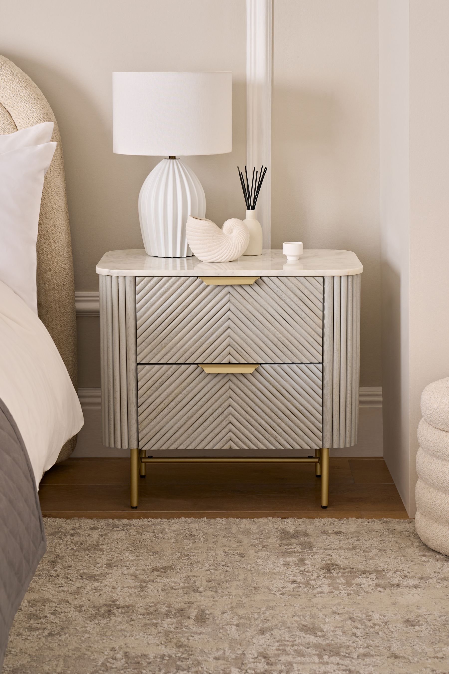 Buy Light Grey Valencia Marble Mango Wood 2 Drawer Wide Bedside Table ...