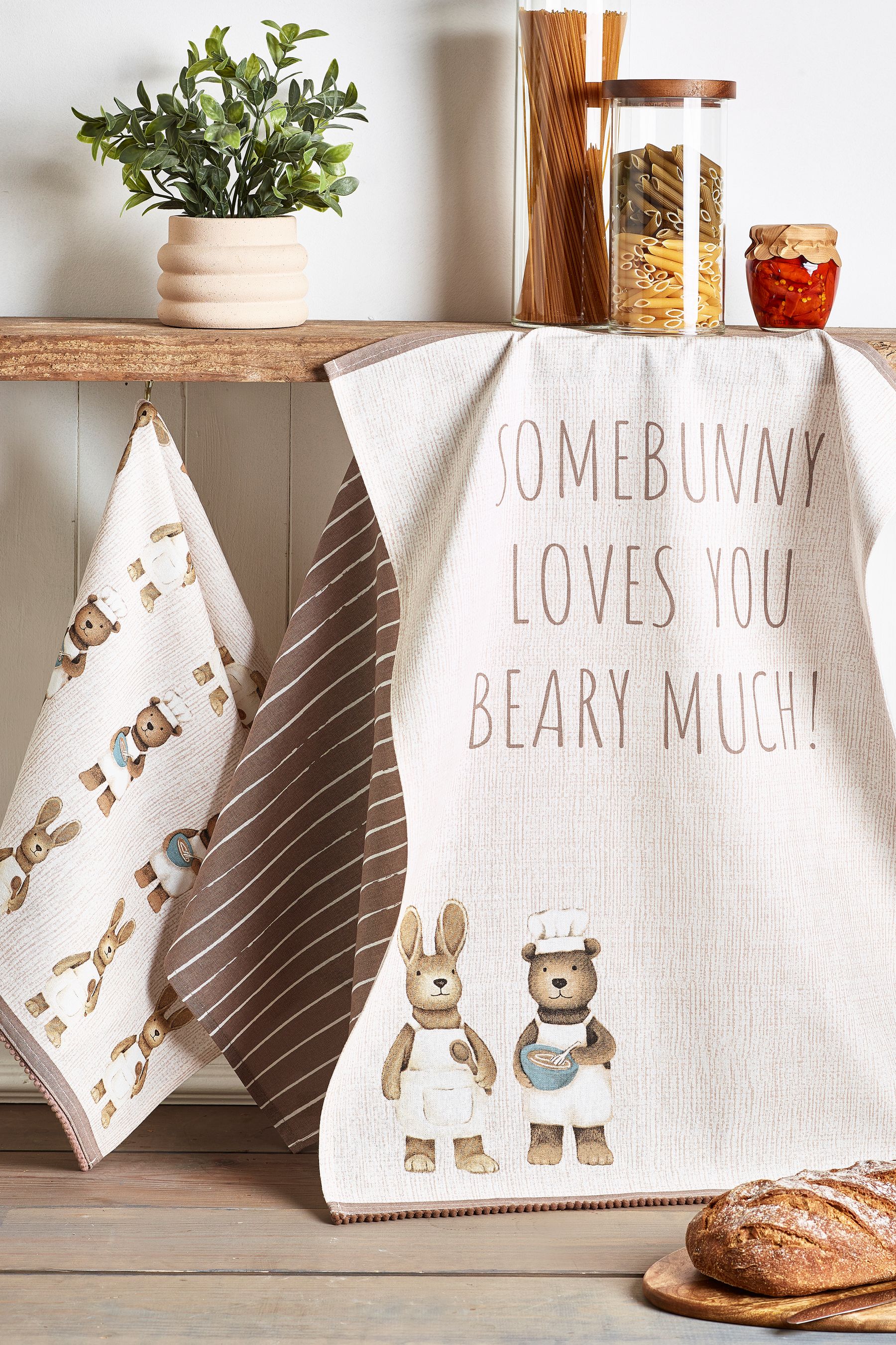 Buy Set of 3 Natural Bertie Bear and Rosie Bunny 100% Cotton Tea Towels ...