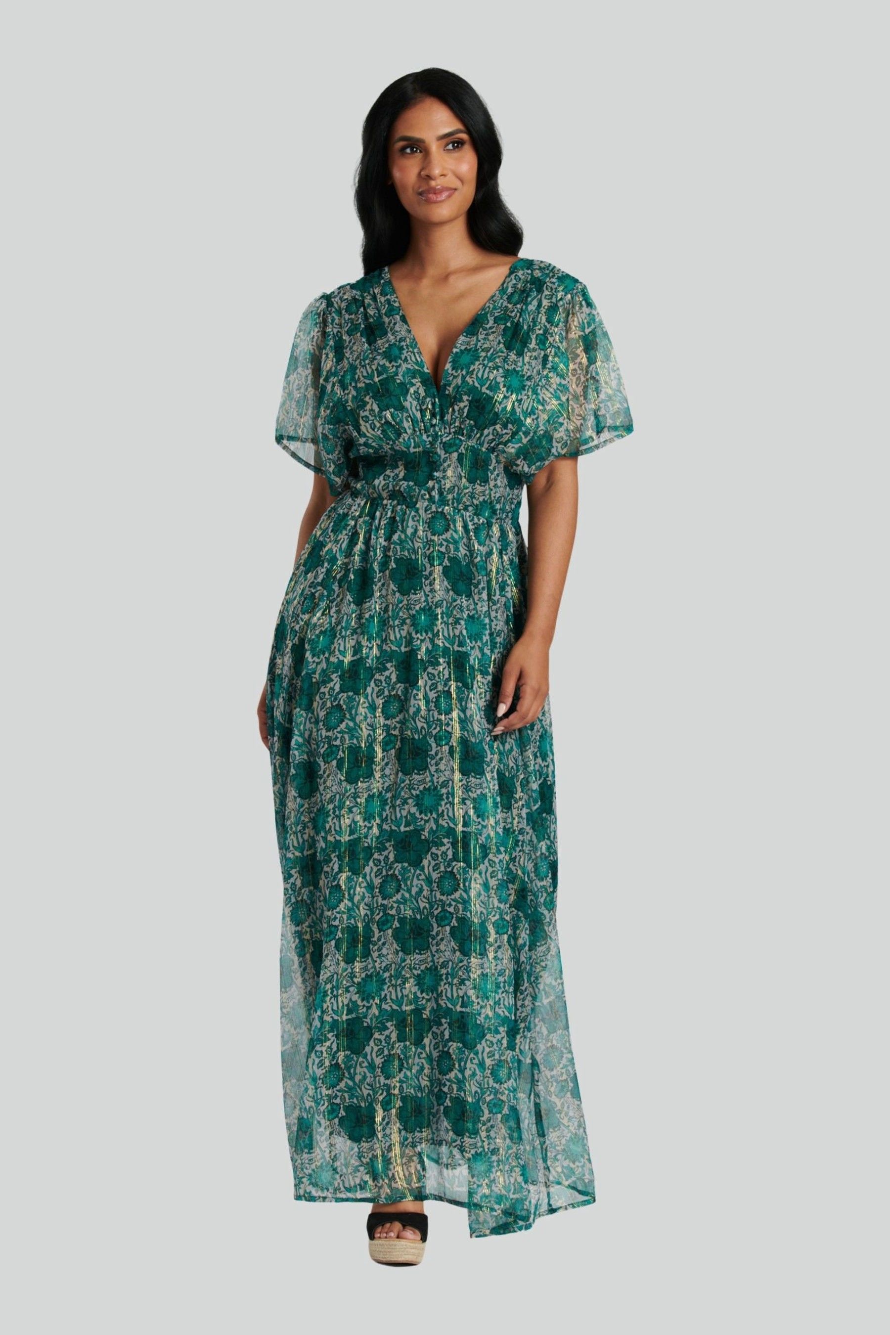 Buy South Beach Green Metallic Chiffon Button Detail Midi Dress from ...
