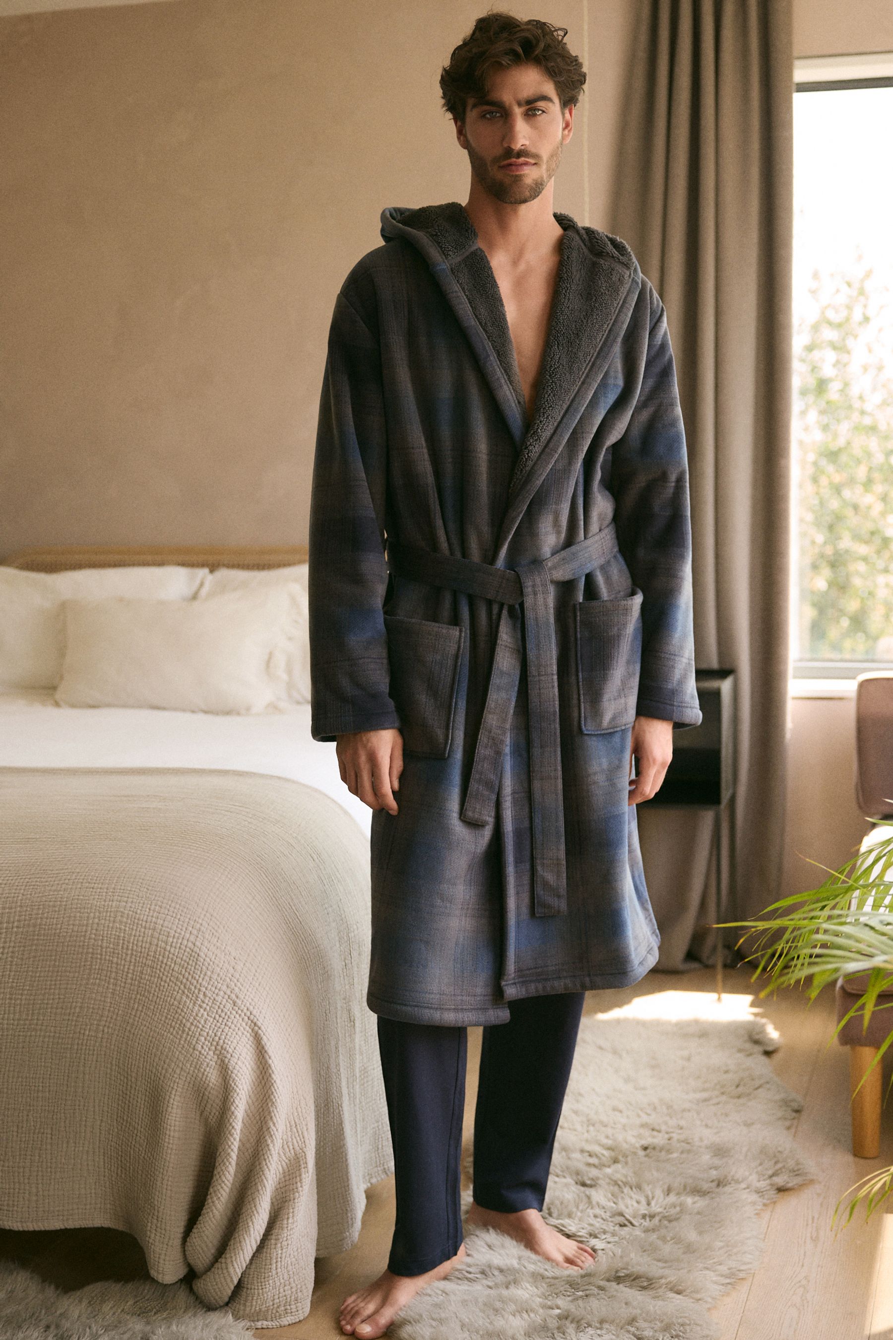 Buy Navy Blue Check Borg Lined Dressing Gown Robe from the Next UK ...