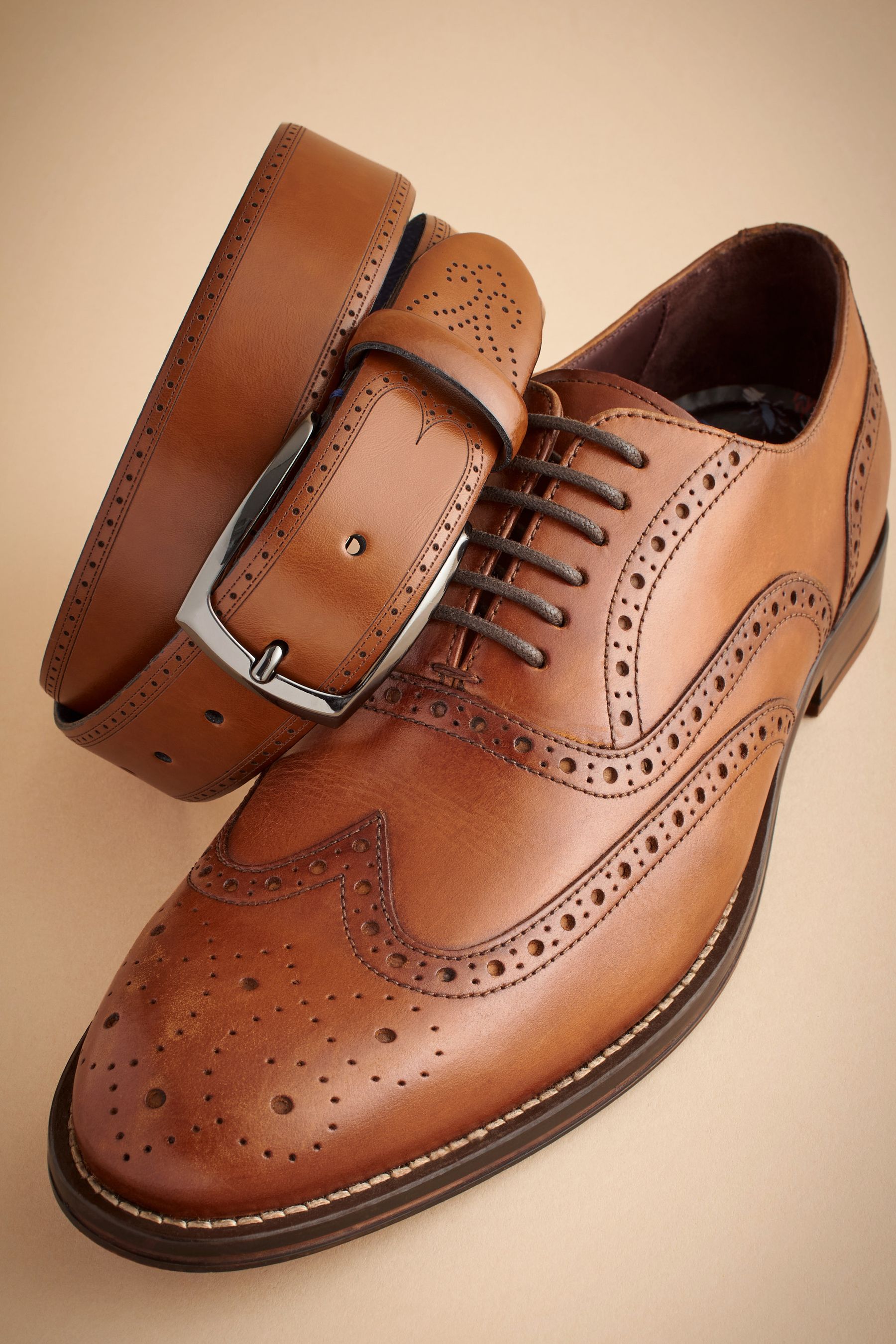 Buy Tan Brown Regular Fit Signature Italian Leather Wing Cap Brogues ...