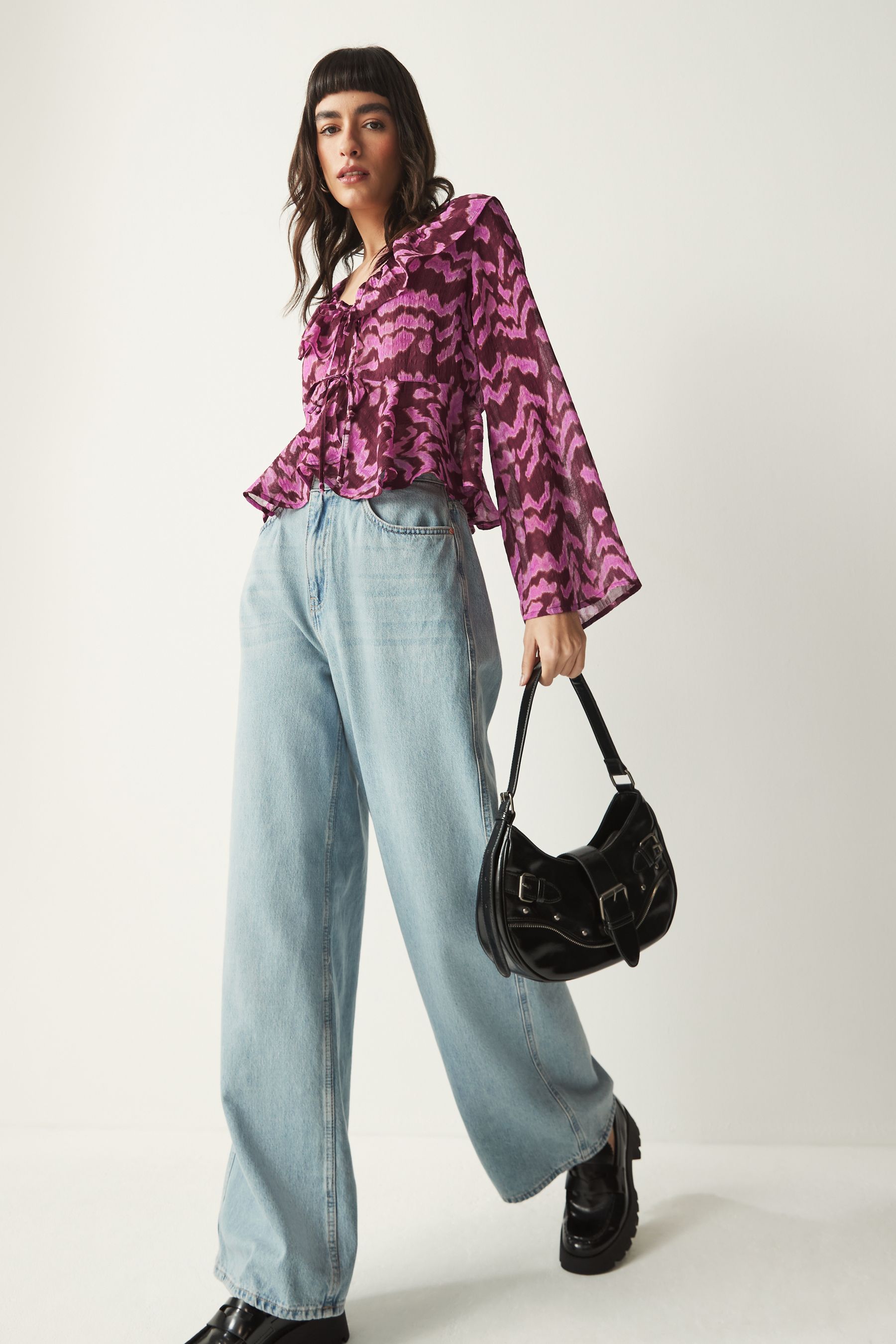 Buy Pink/Red Tie Front Ruffle Long Sleeve Blouse from Next Ireland