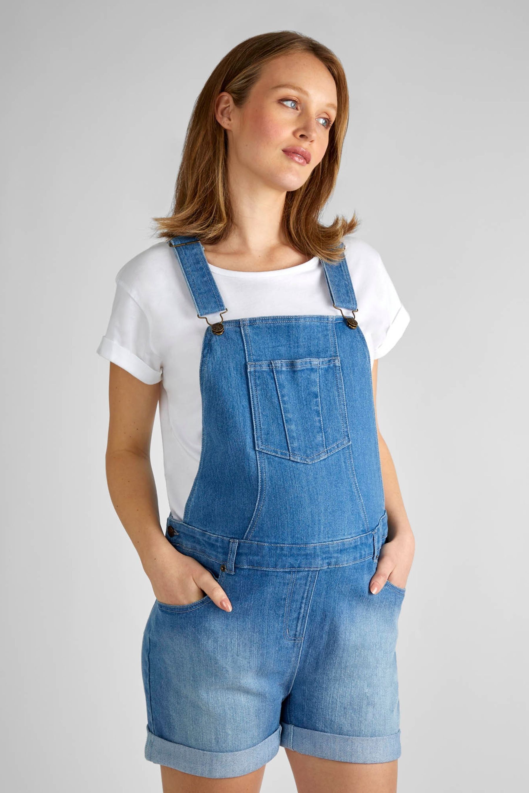 Buy JoJo Maman Bébé Light Wash Blue Denim Short Maternity Dungarees ...