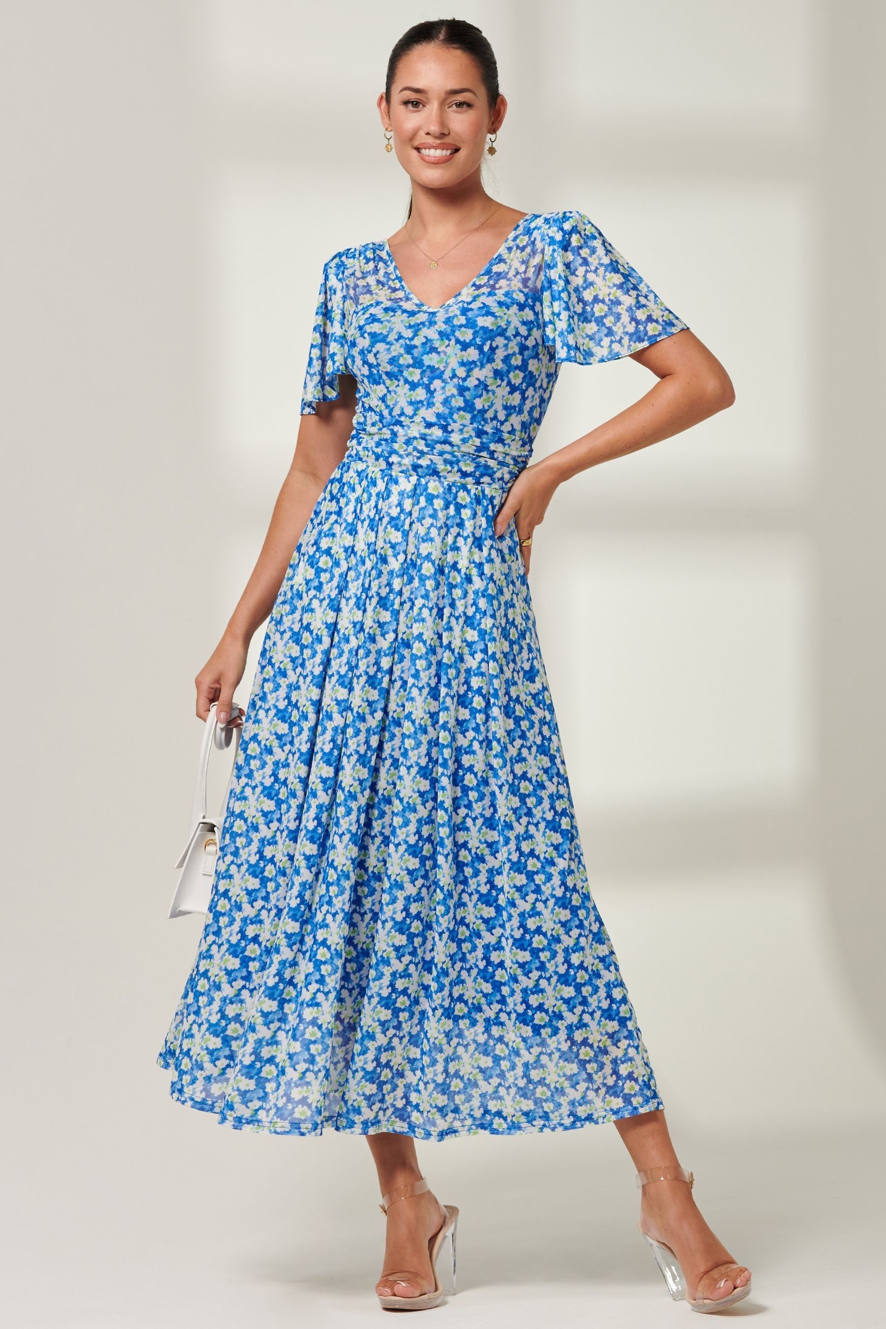 Buy Jolie Moi Blue Bianca V-Neck Pleated Mesh Maxi Dress from Next Ireland